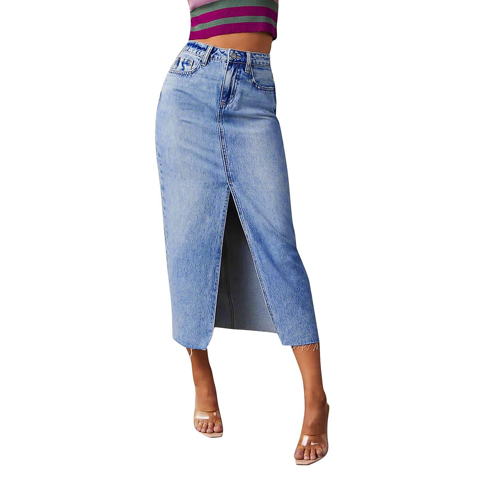 Mohiass Jean Skirt for Women Denim Skirt with Pockets Mid Waist ...