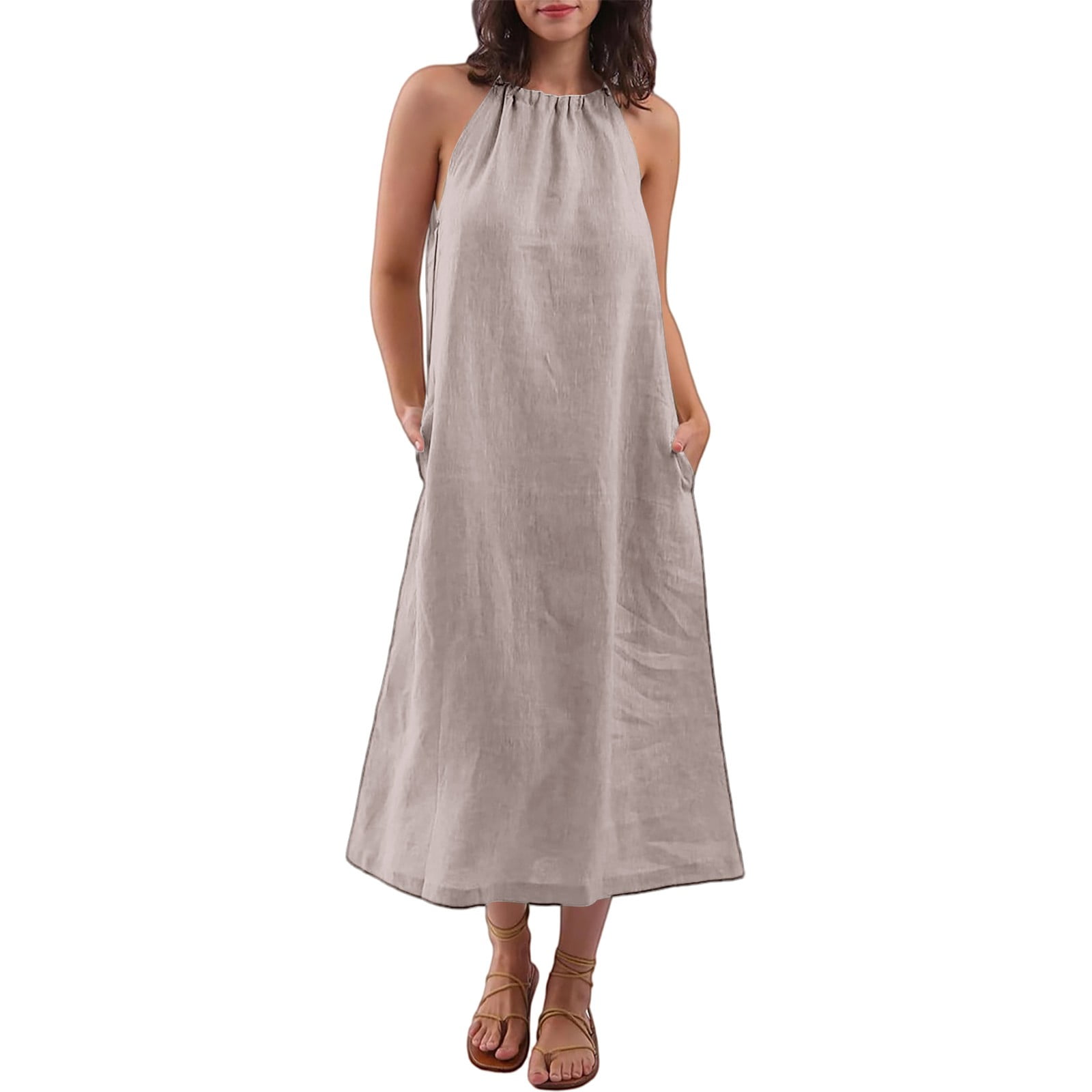 Mohiass Linen Dresses for Women 2025 Casual Summer Sleeveless Halter ...