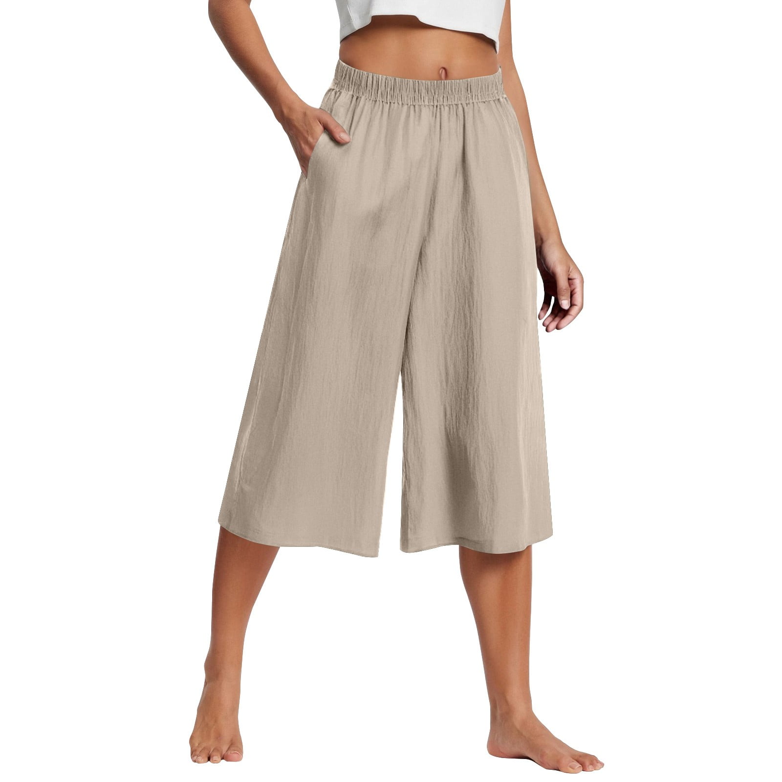 Mohiass Linen Pants for Women Summer Capri Palazzo Flowy Pants Casual ...