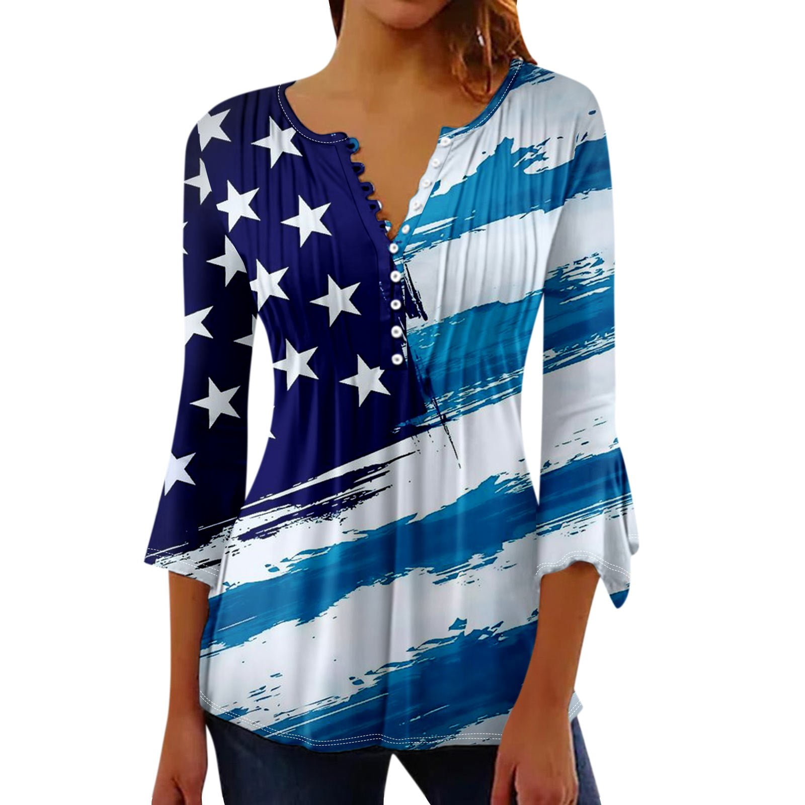 Mohiass Patriotic Pleated Tunic Tops Women Independence Day Button V Neck Tops 4th Of July 34