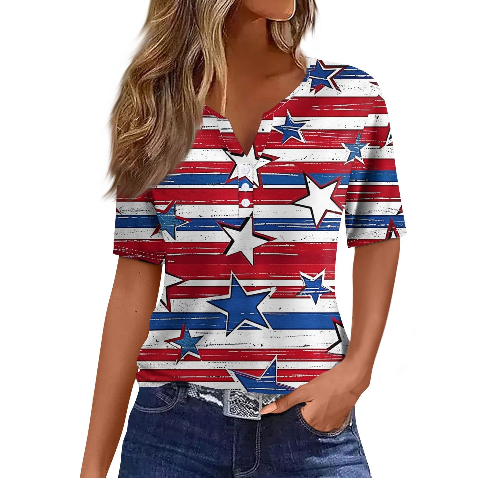 Mohiass Patriotic Stars Striped Shirts Women Usa Flag Print Button Down