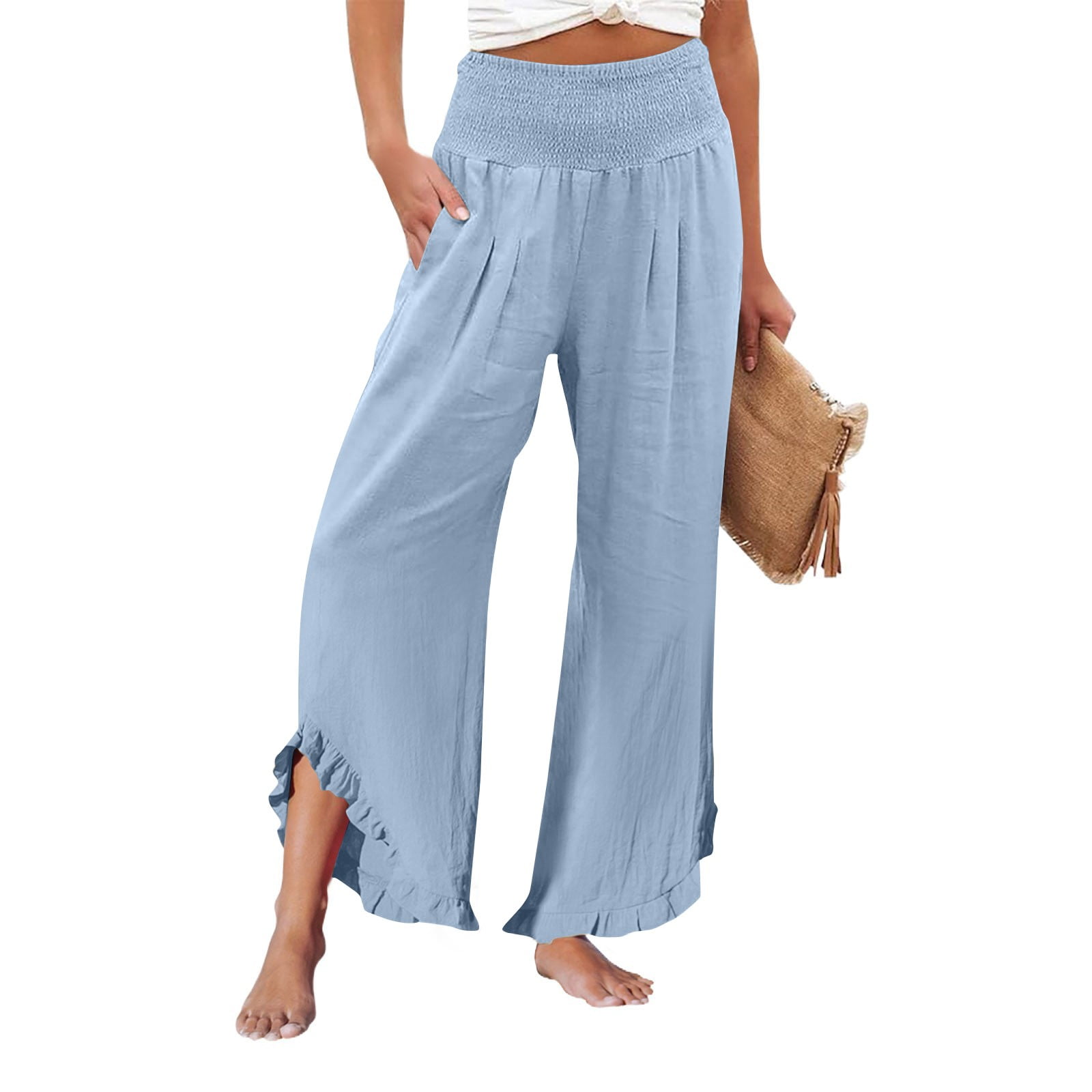 Mohiass Ruffle Hem Palazzo Pants for Women 2025 Flowy Linen Pants Wide ...