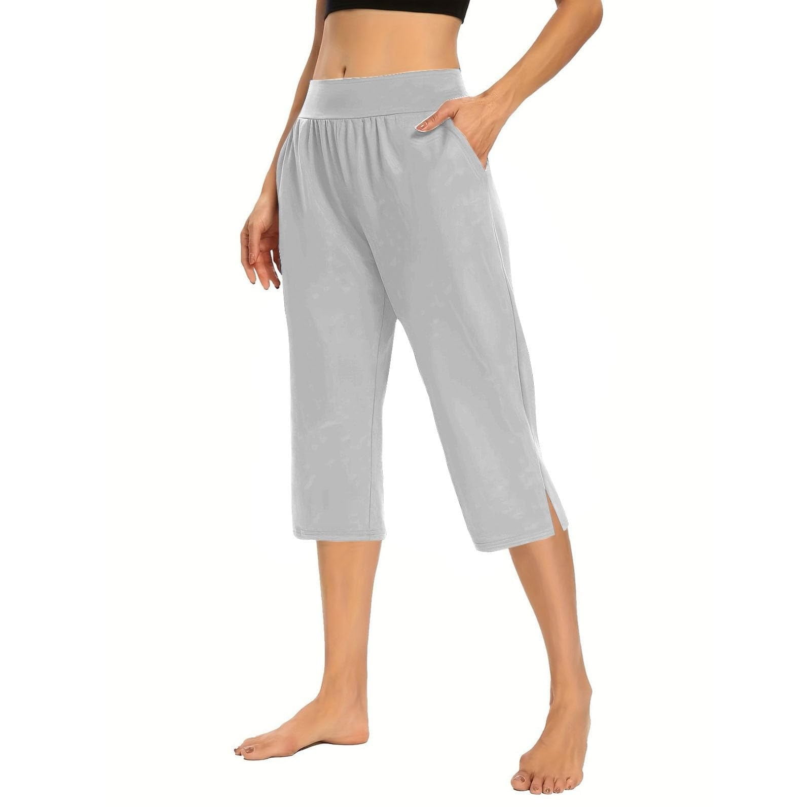 Mohiass Side Slit Capri Pants for Women, Summer Casual Pull On Womens ...