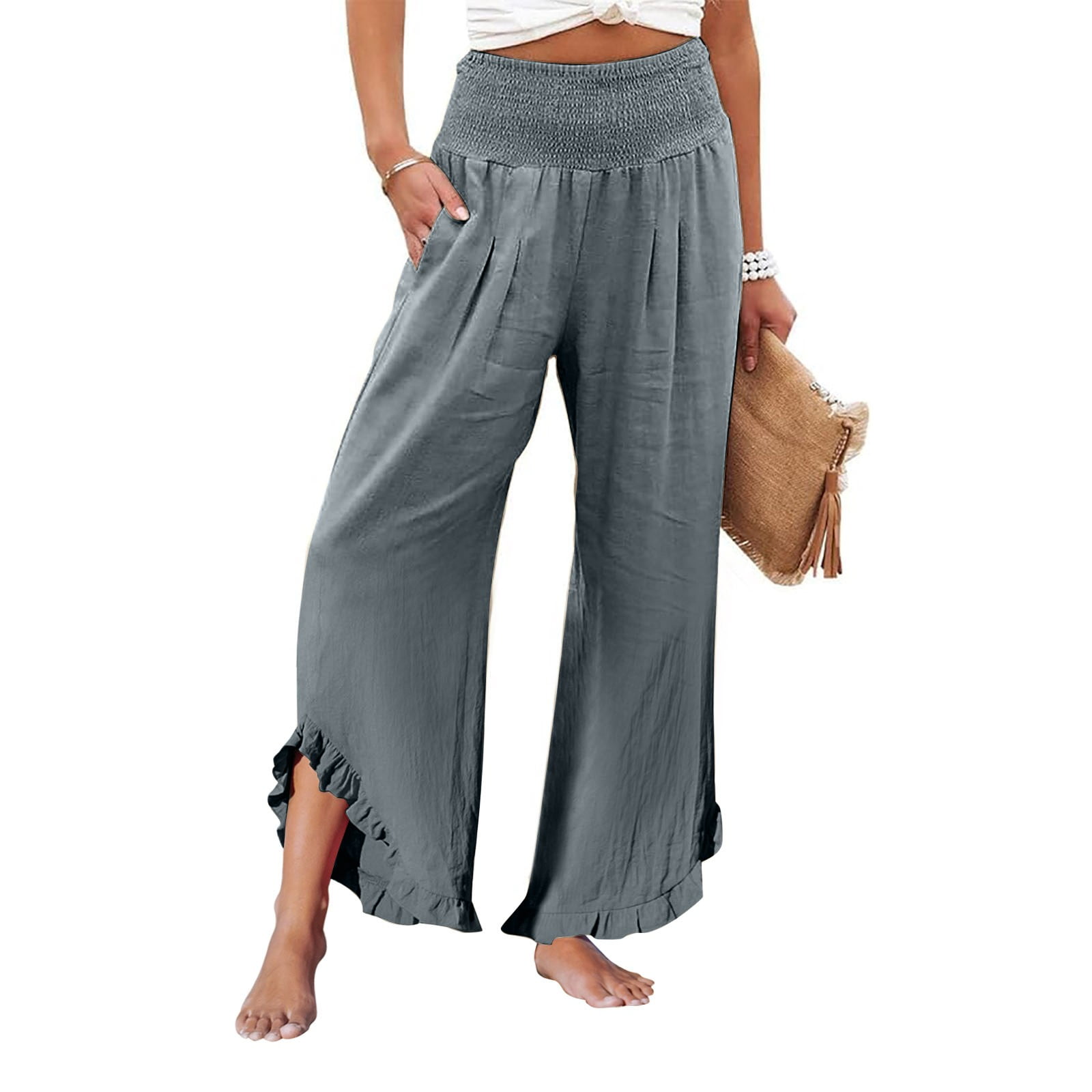 Mohiass Smocked Waist Linen Pants Women Wide Leg Flowy Palazzo Pants ...