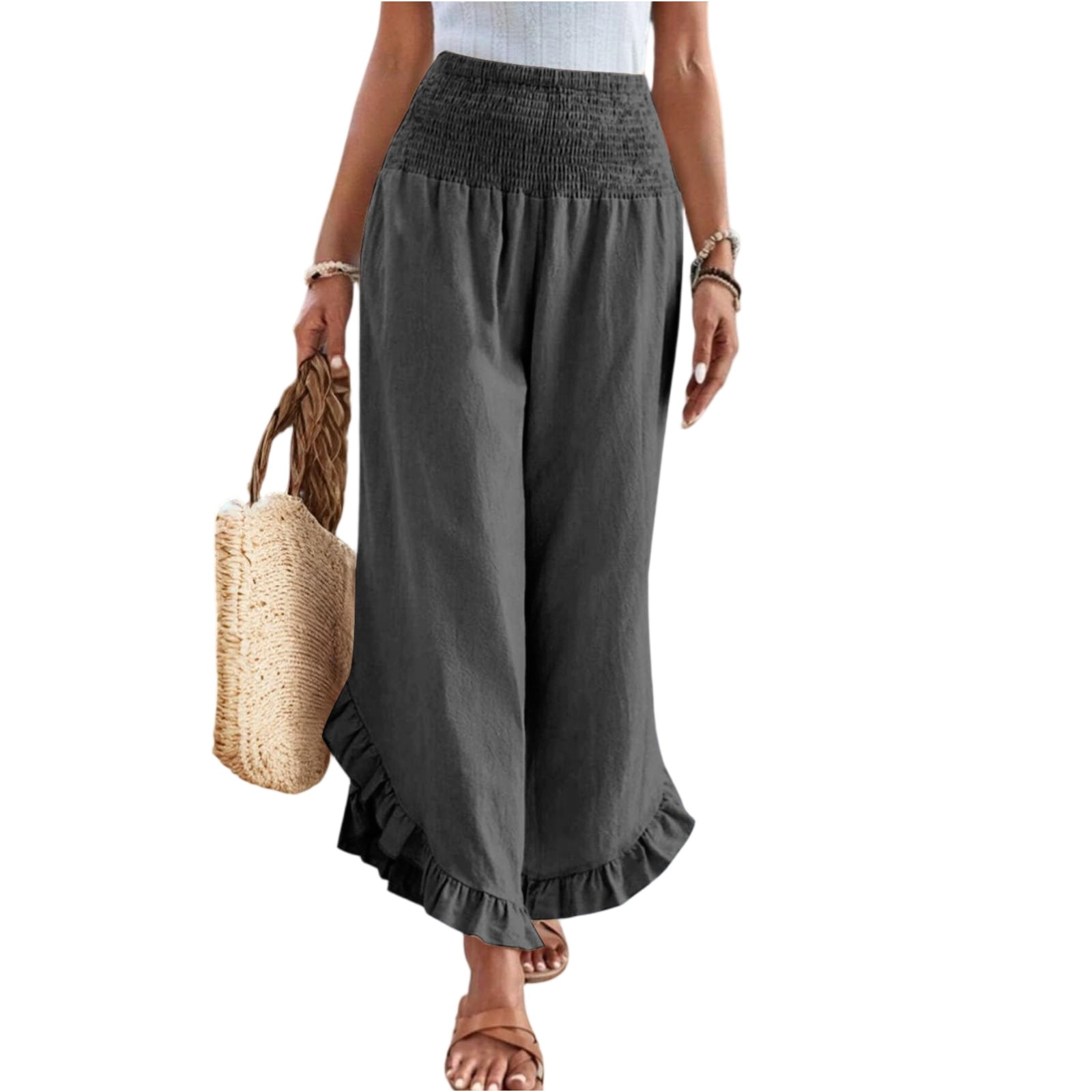 Mohiass Smocked Waist Pants for Women with Leg Ruffle Summer Flowy ...