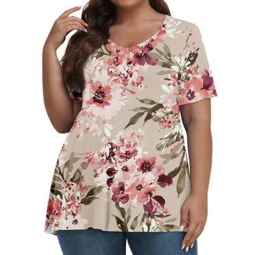 Fantaslook Women's Floral Blouses, Plus Size Tunic Tops, Short Sleeve ...