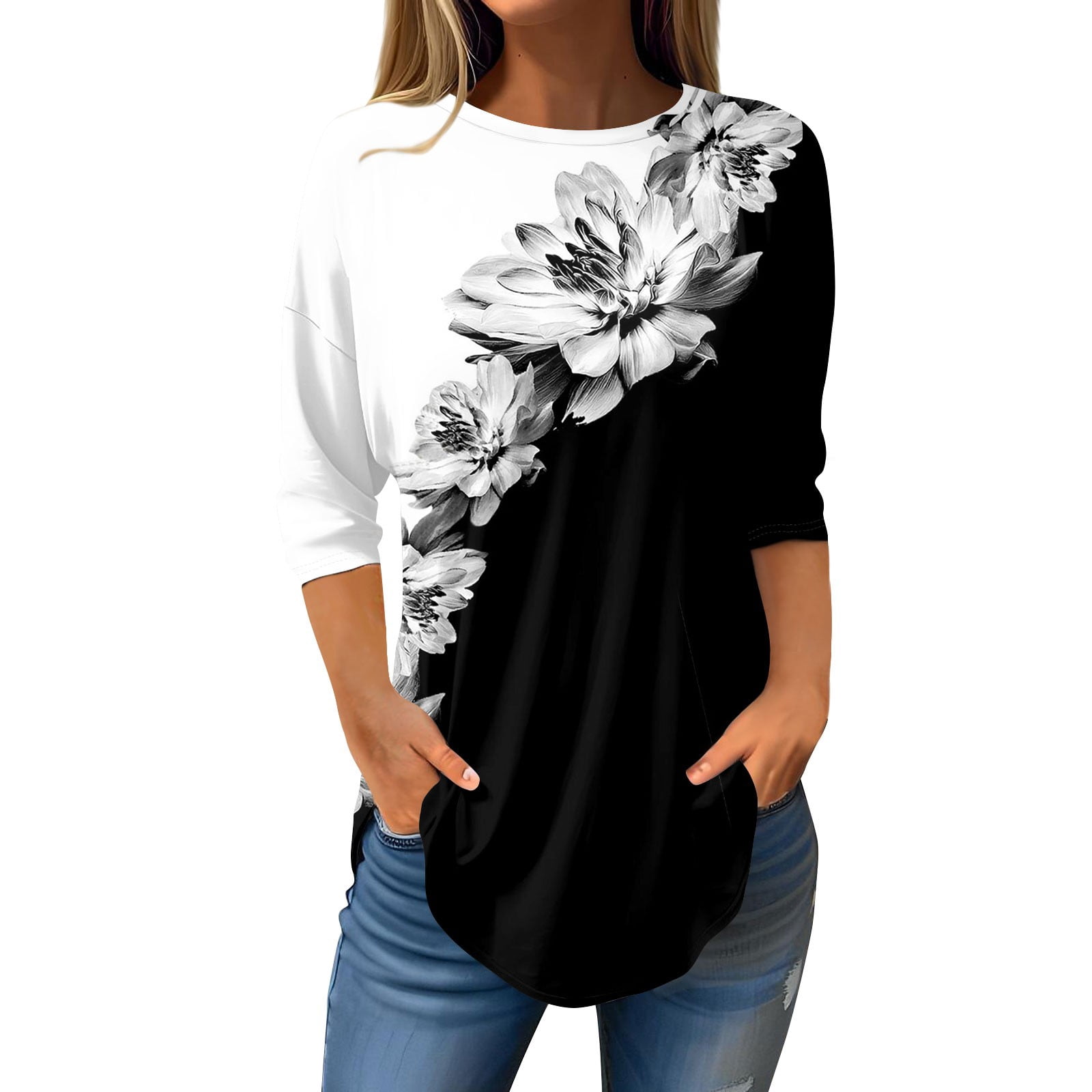 Mohiass Spring Shirts for Women 3/4 Length Sleeve Tops Oversized Floral ...
