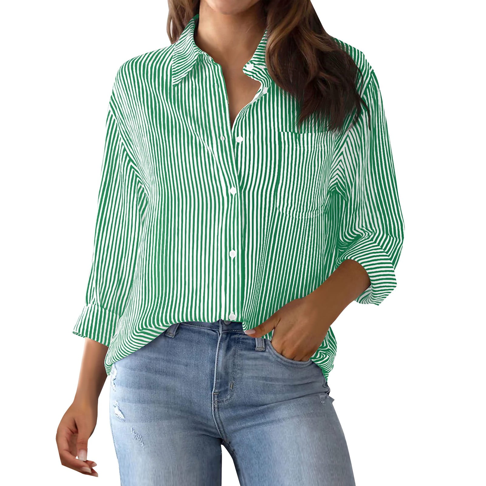 Mohiass Striped Button Down Shirt Women Classic Long Sleeve Collared