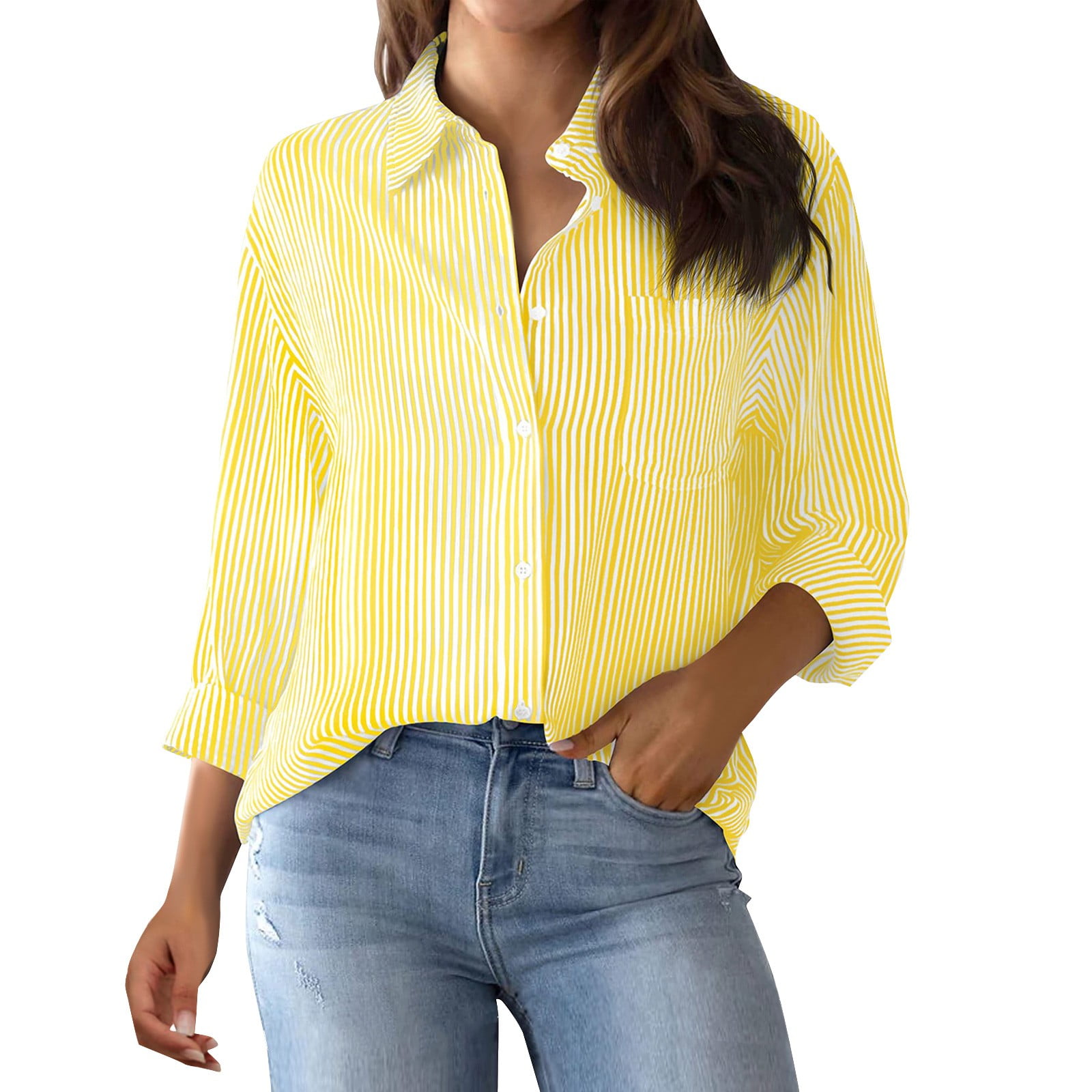 Mohiass Striped Button Down Shirt Women Classic Long Sleeve Collared ...