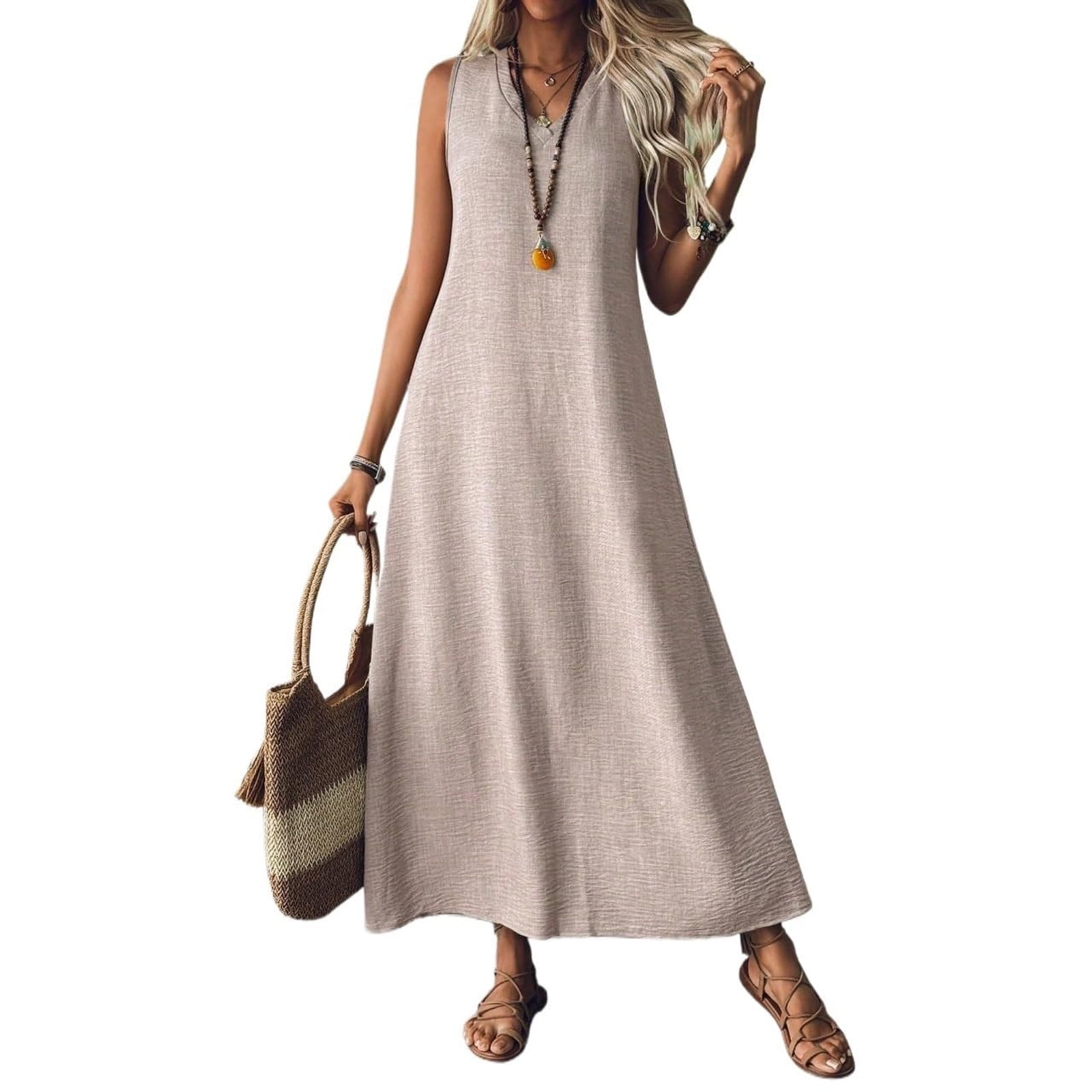 Mohiass Summer Linen Dresses for Women 2025 V Neck Sleeveless Maxi ...