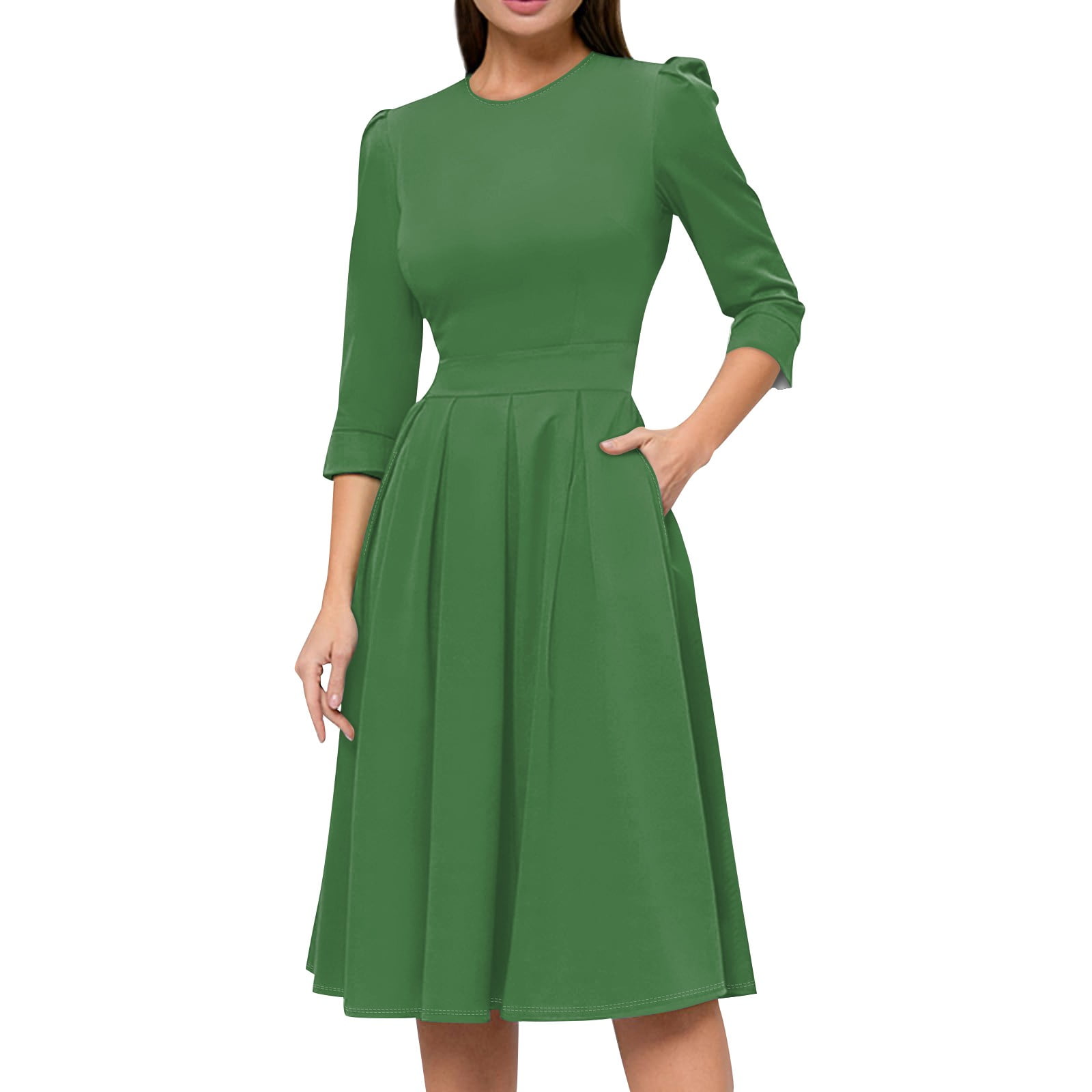 Mohiass Vintage Midi Dresses for Women Modest 3/4 Sleeve Crew Neck Wrap ...