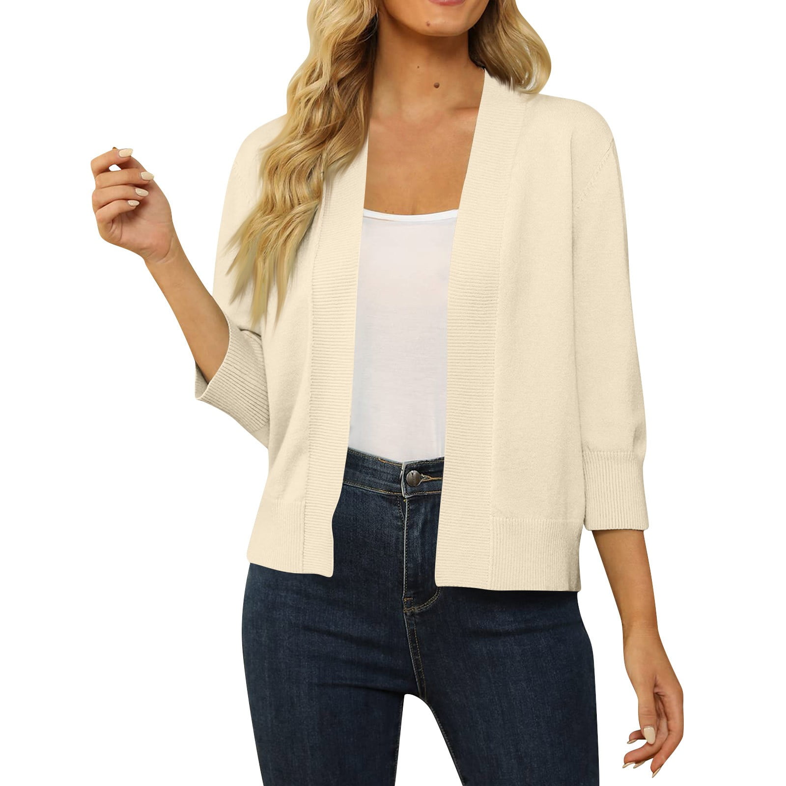 Mohiass Women's 3/4 Sleeve Cropped Cardigan Open Front Short Shrugs ...