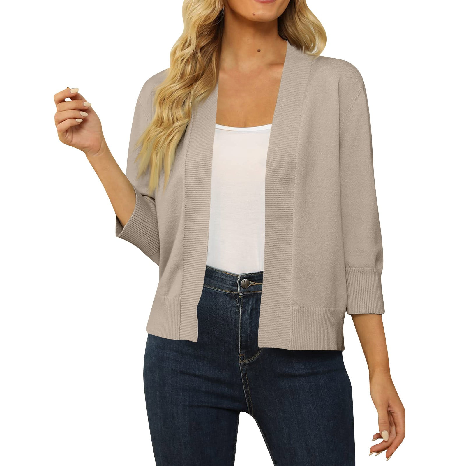 Mohiass Women's 3/4 Sleeve Cropped Cardigan Sweater Open Front Short ...