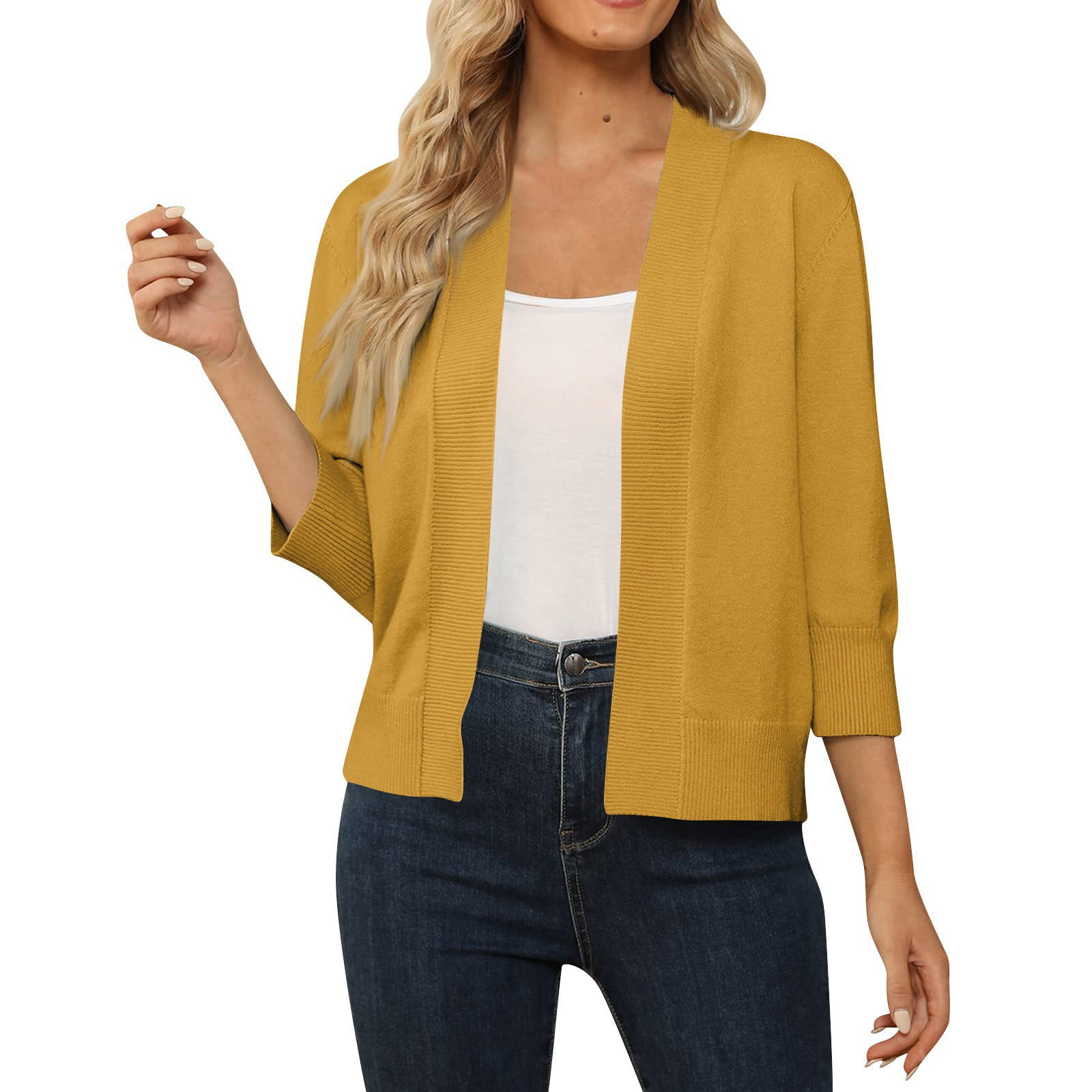 Mohiass Women's 3/4 Sleeve Cropped Cardigan Sweater Open Front Short ...