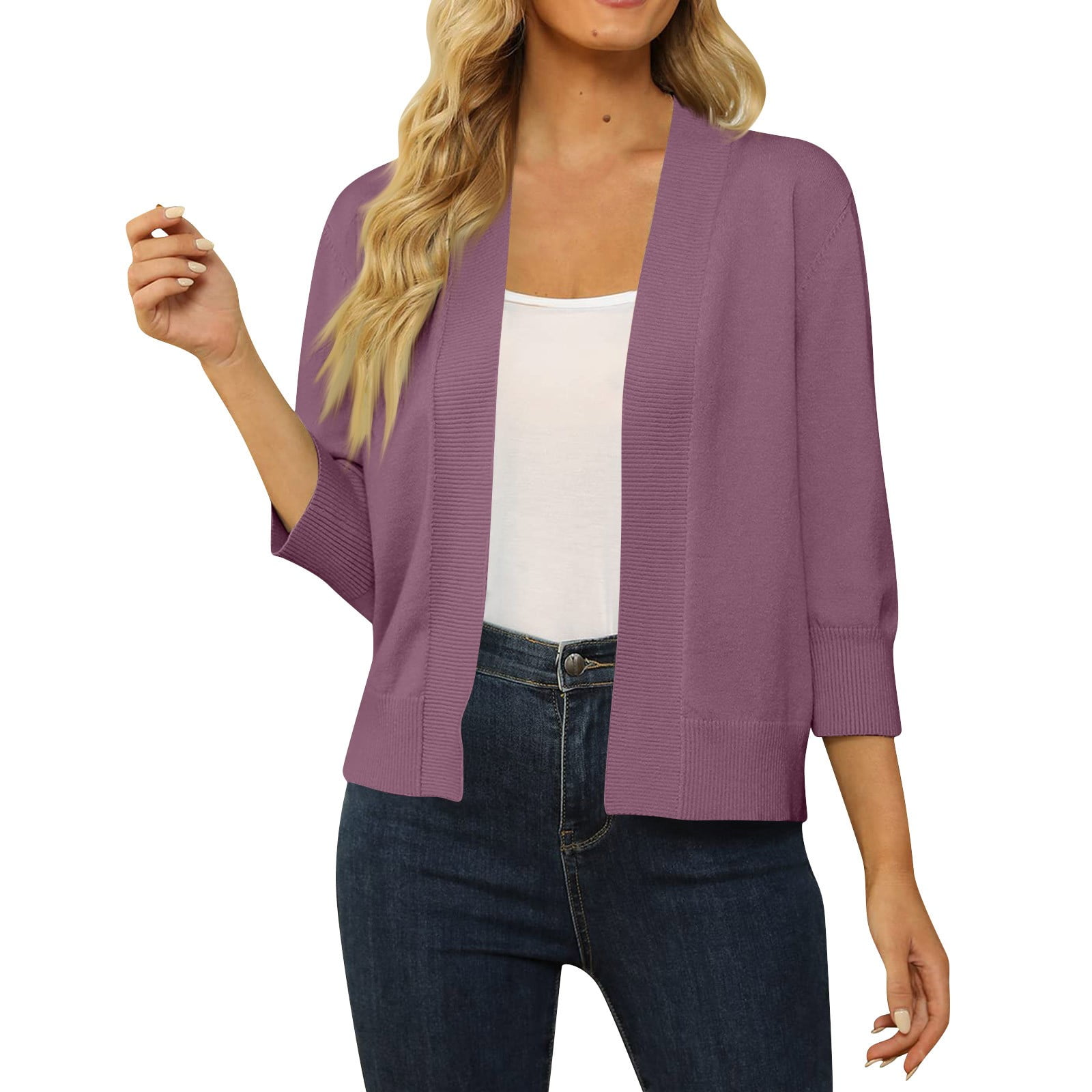 Mohiass Women's 3/4 Sleeve Cropped Cardigan Sweater Open Front Short ...