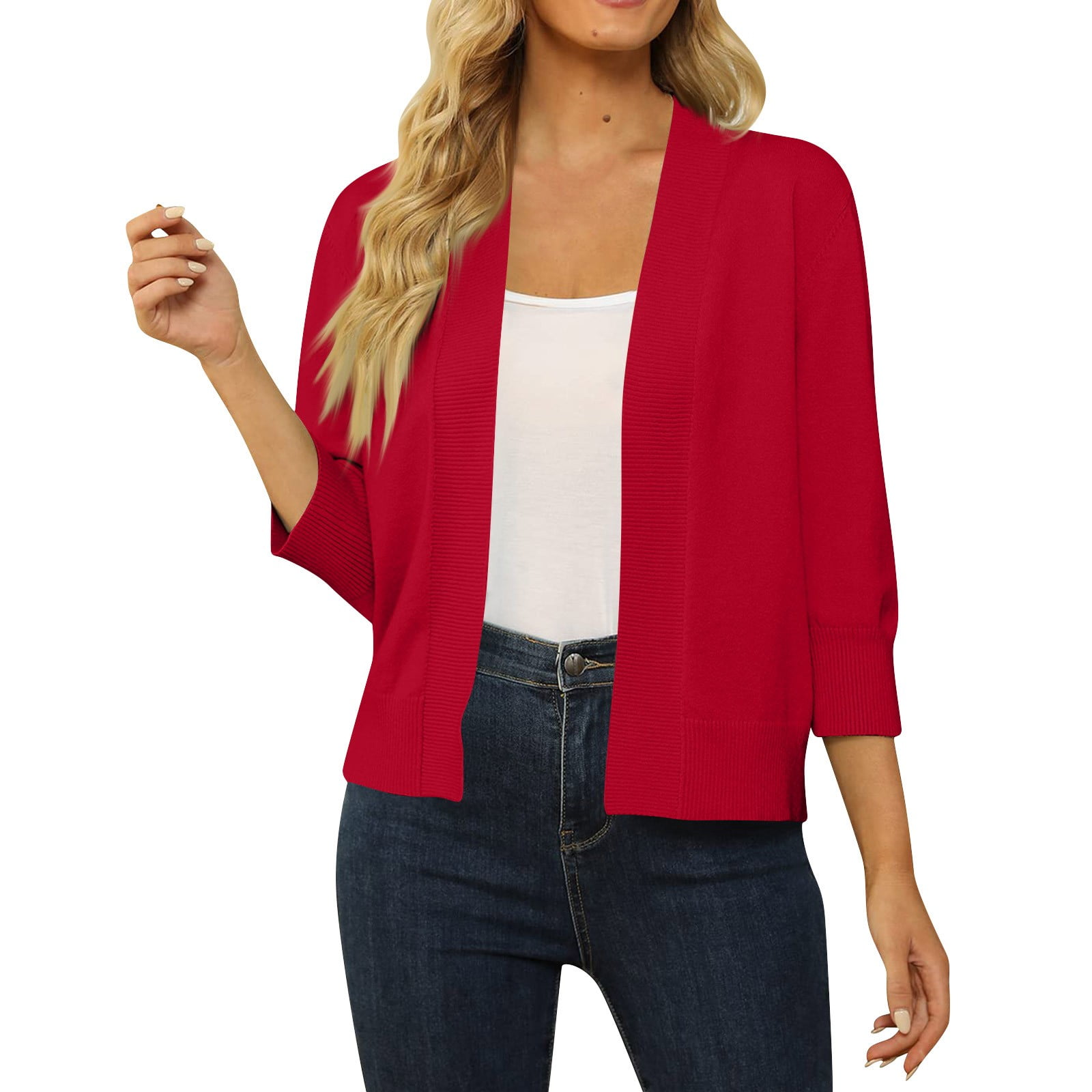 Mohiass Women's 3/4 Sleeve Cropped Cardigan Sweater Open Front Short ...