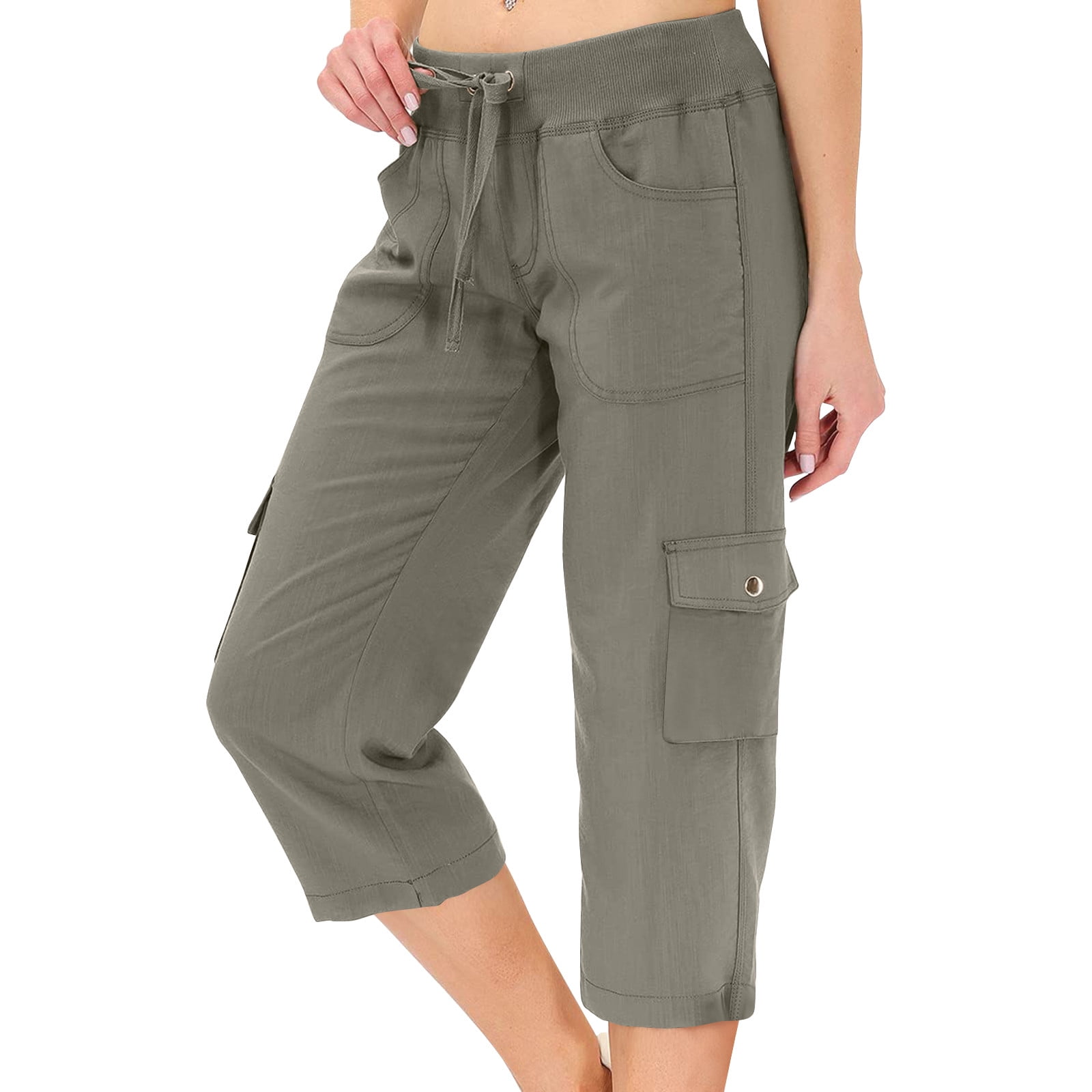 Mohiass Womens Cargo Capris Hiking Pants Summer Casual Drawstring High