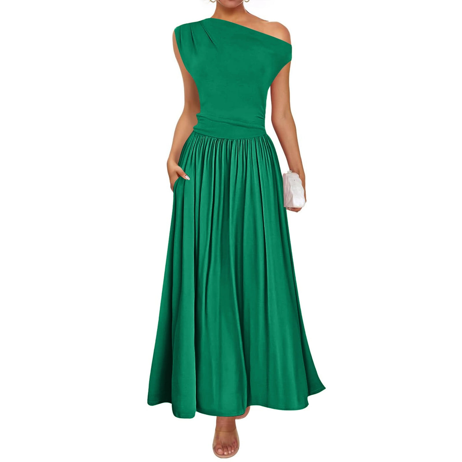 Mohiass Women's Summer 2025 Sleeveless Maxi Dress One Shoulder Casual Slim Swing Pleated Formal ...