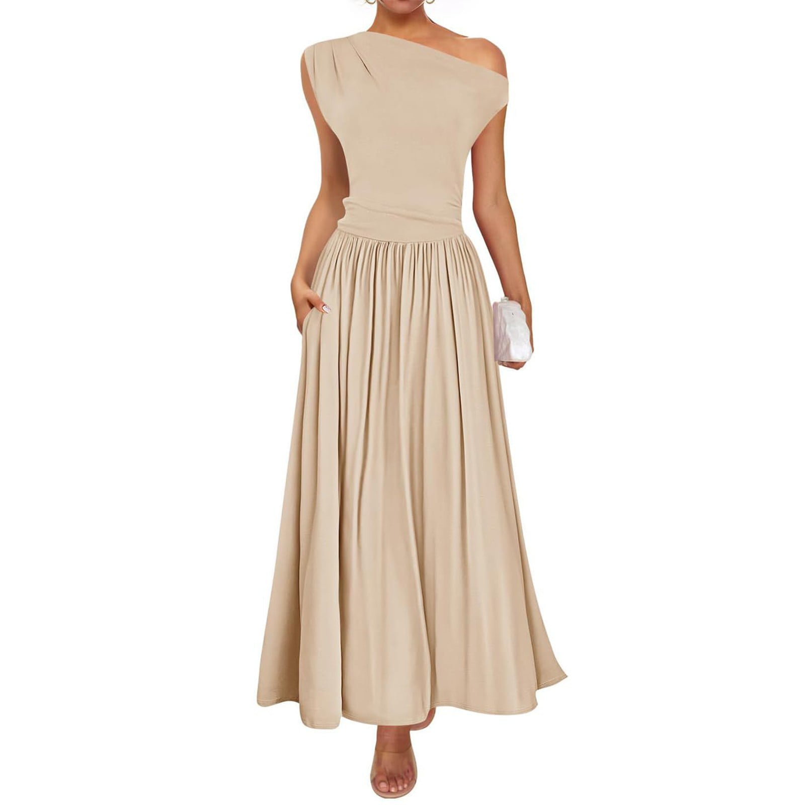 Mohiass Women's Summer 2025 Sleeveless Maxi Dress One Shoulder Casual Slim Swing Pleated Formal ...