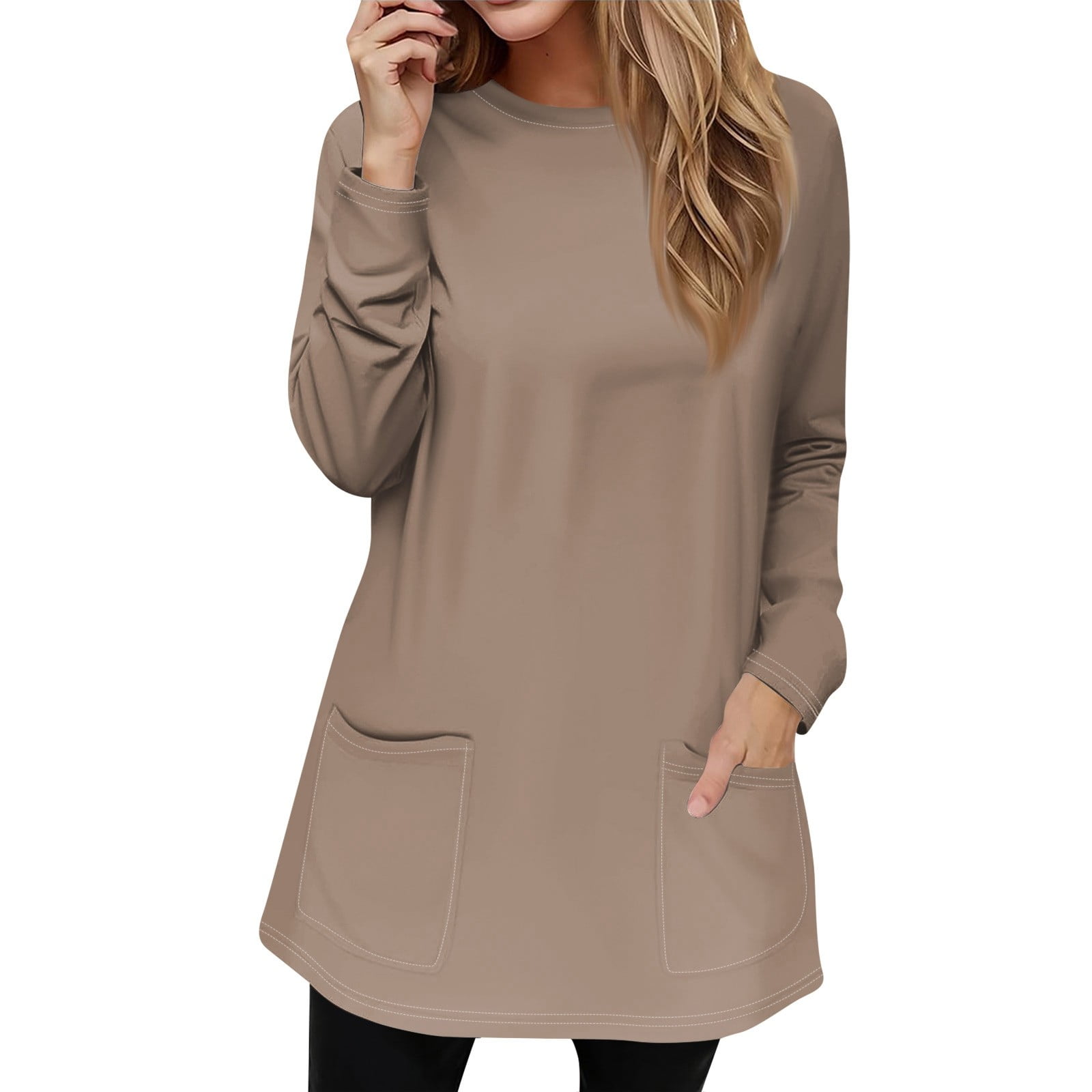 Mohiass Women's Tunic Top Long Sleeve Casual Round Neck Pocket Loose ...