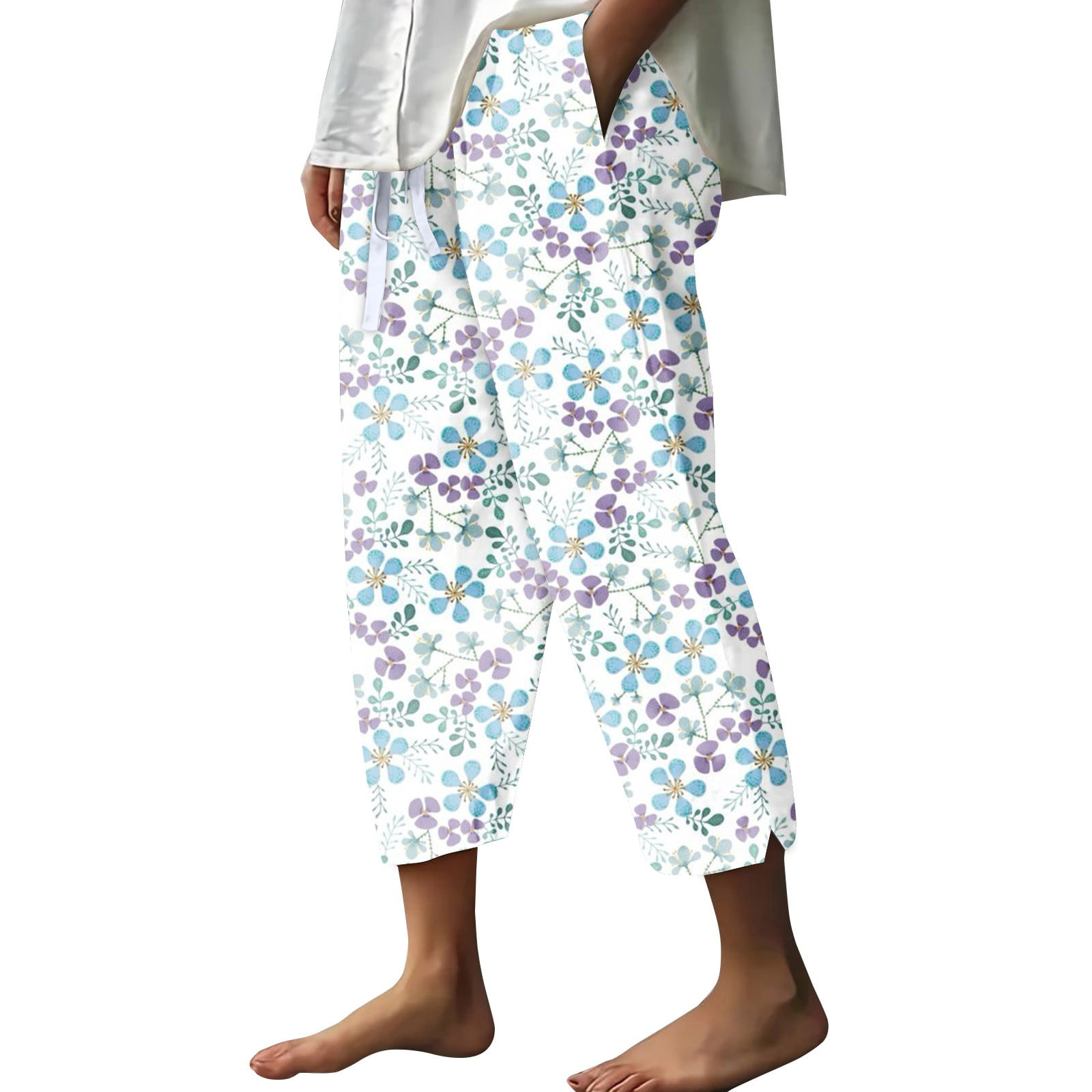 Mohiass Womens Casual Boho Floral Cotton Linen Pants Elastic Waist ...