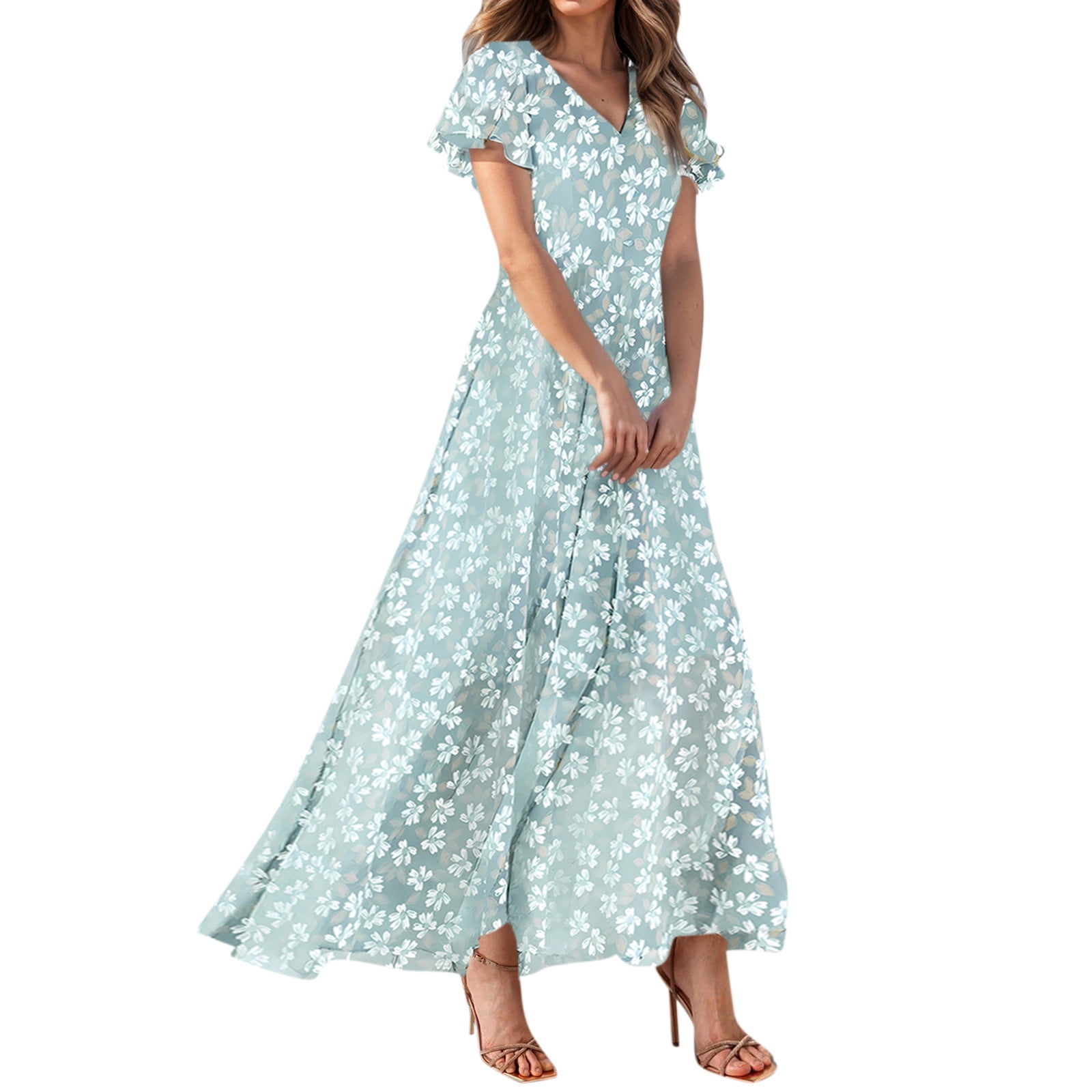 Mohiass Womens Casual Flowy Chiffon Maxi Floral Dress, A-line Ruffle ...