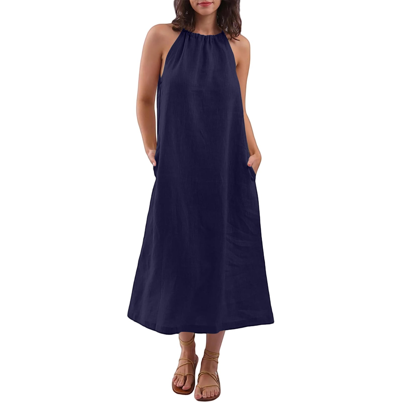 Mohiass Womens Linen Halter Sleeveless Maxi Dress Tie Back with Belt ...