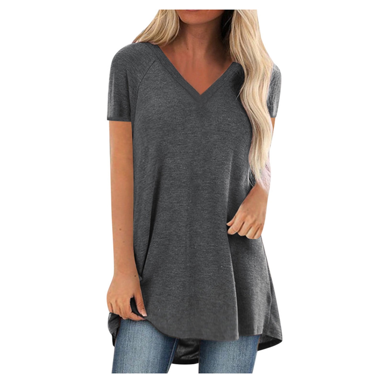 Mohiass Womens Long Tunics or Tops to Wear with Leggings Short Sleeve Blouses Shirts Gray M ...