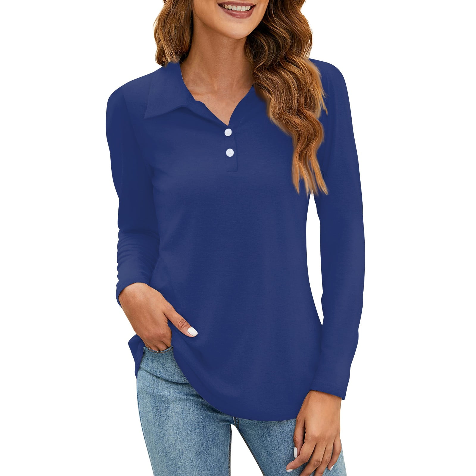 Mohiass Womens Polo Shirts Button Down Collared Long Sleeve Tops V Neck ...