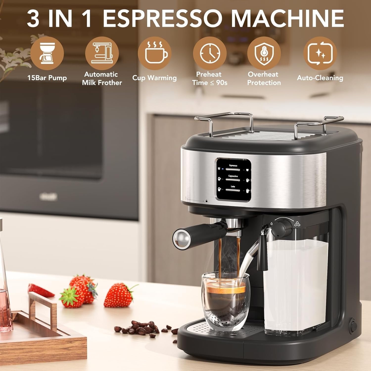 Moifoi 20 Bar Pressure Coffee Machine,Stainless Steel Automatic Coffee ...