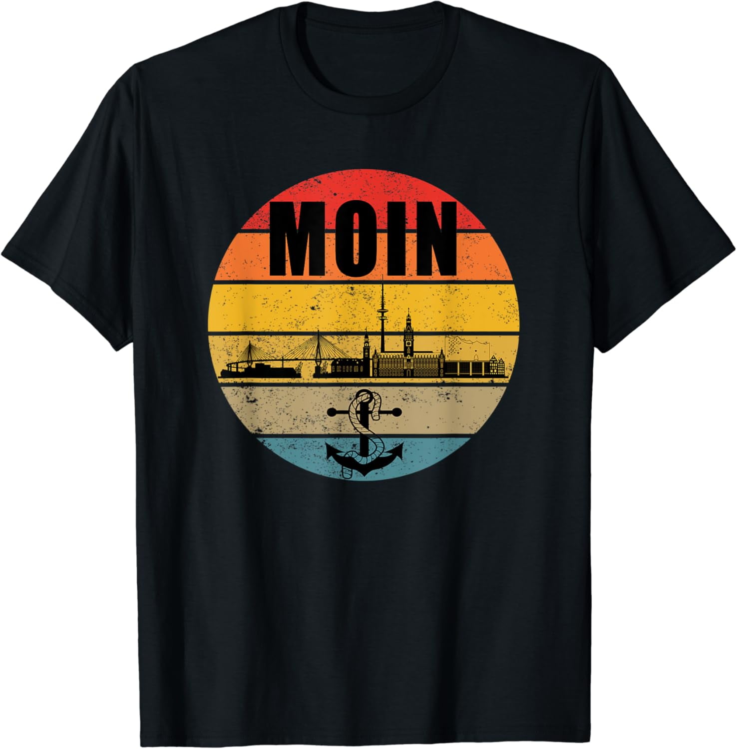 Moin Hamburg Germany Skyline anchor distressed retro sun T-Shirt mens t ...