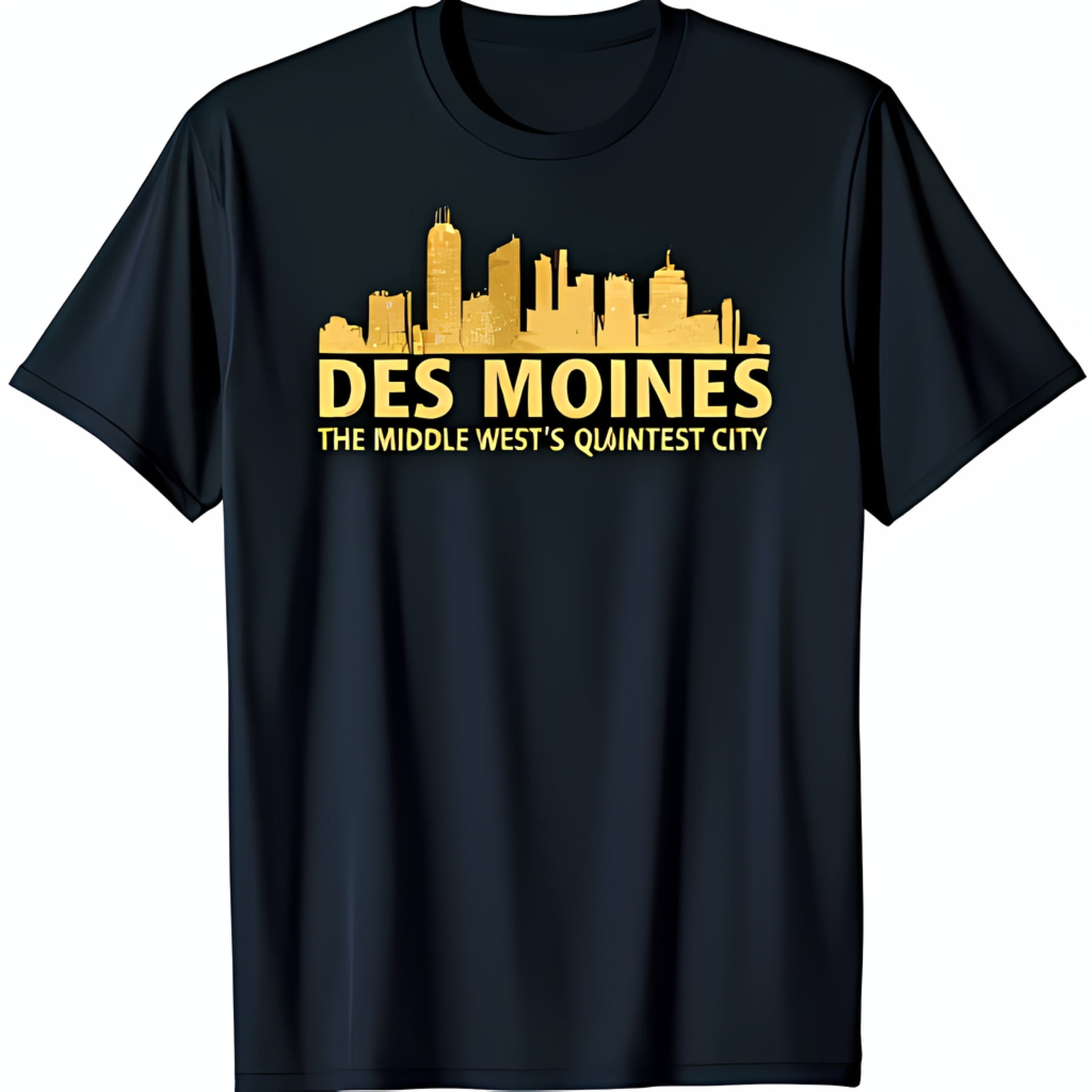 Moines Golden Outline T-Shirt Black Tee with Bold City Name & The ...