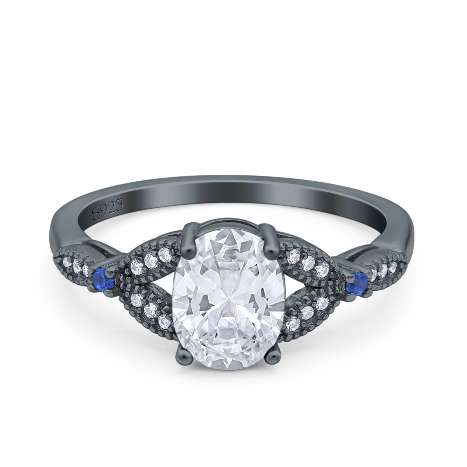 Moissanite Black Tone Silver Size-7 Art Deco Oval Vintage Style Split ...