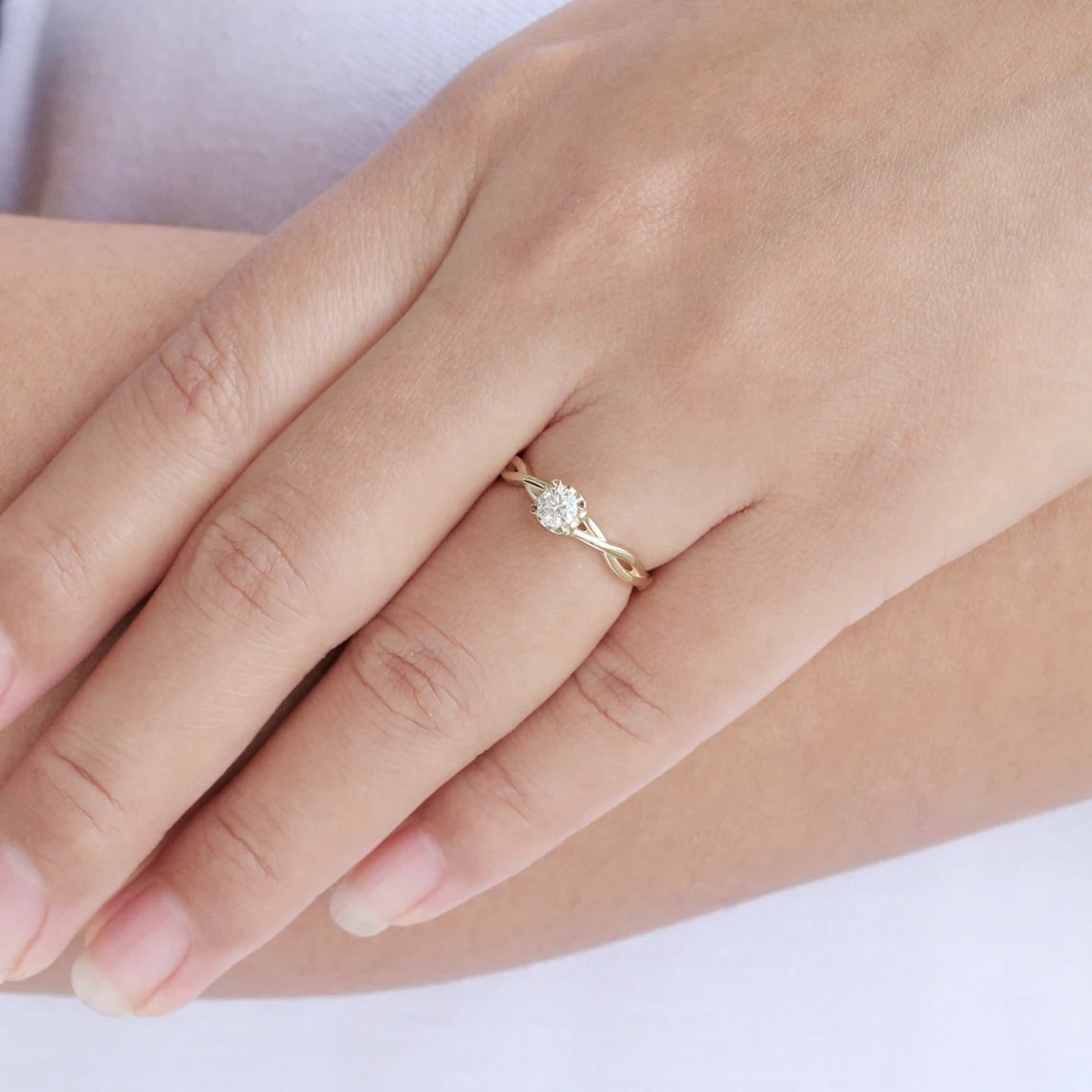 Moissanite Engagement Ring, Solid 14K Gold Plated, Twist Engagement ...