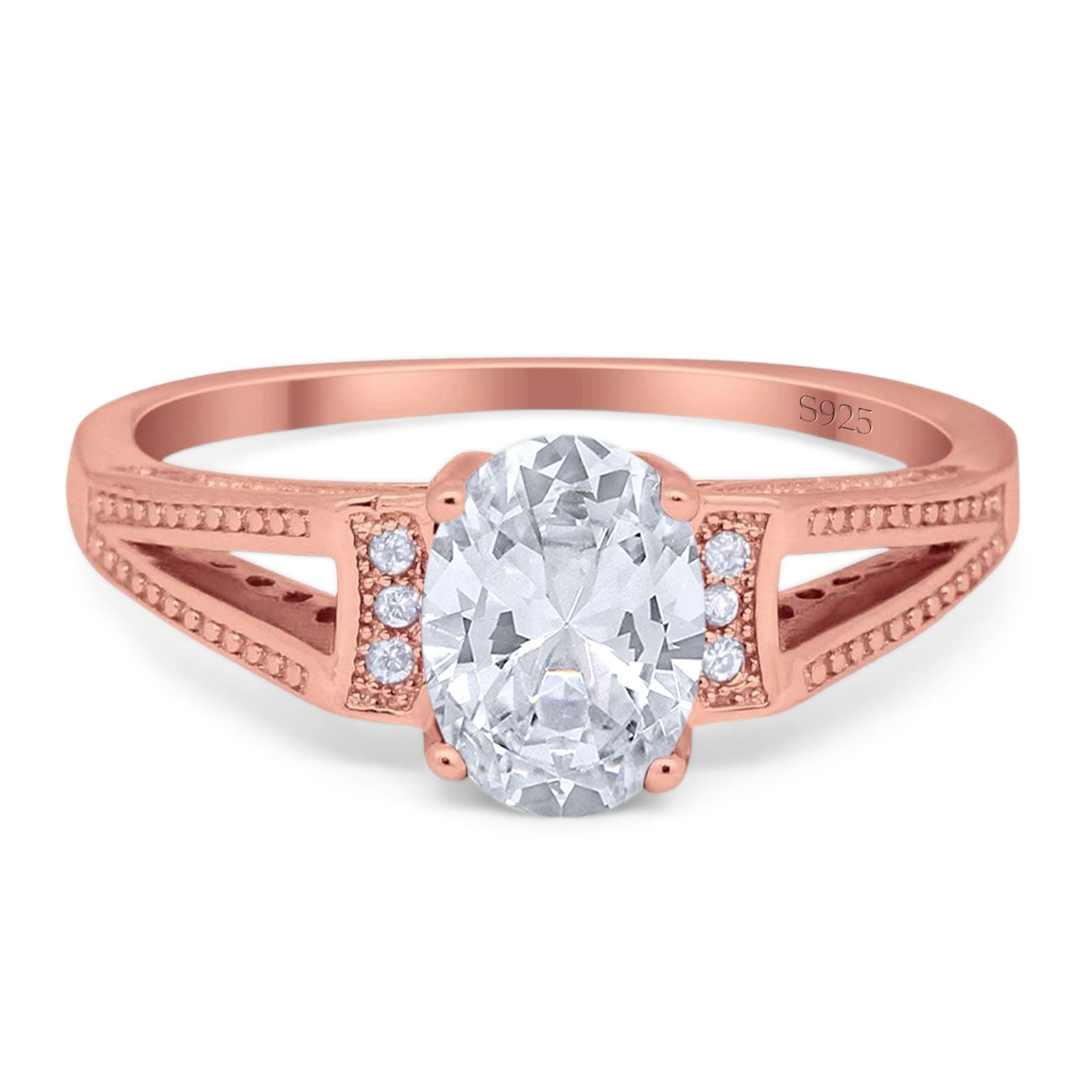 Moissanite Rose Tone Silver Size-10 Art Deco Oval Vintage Style Beaded ...