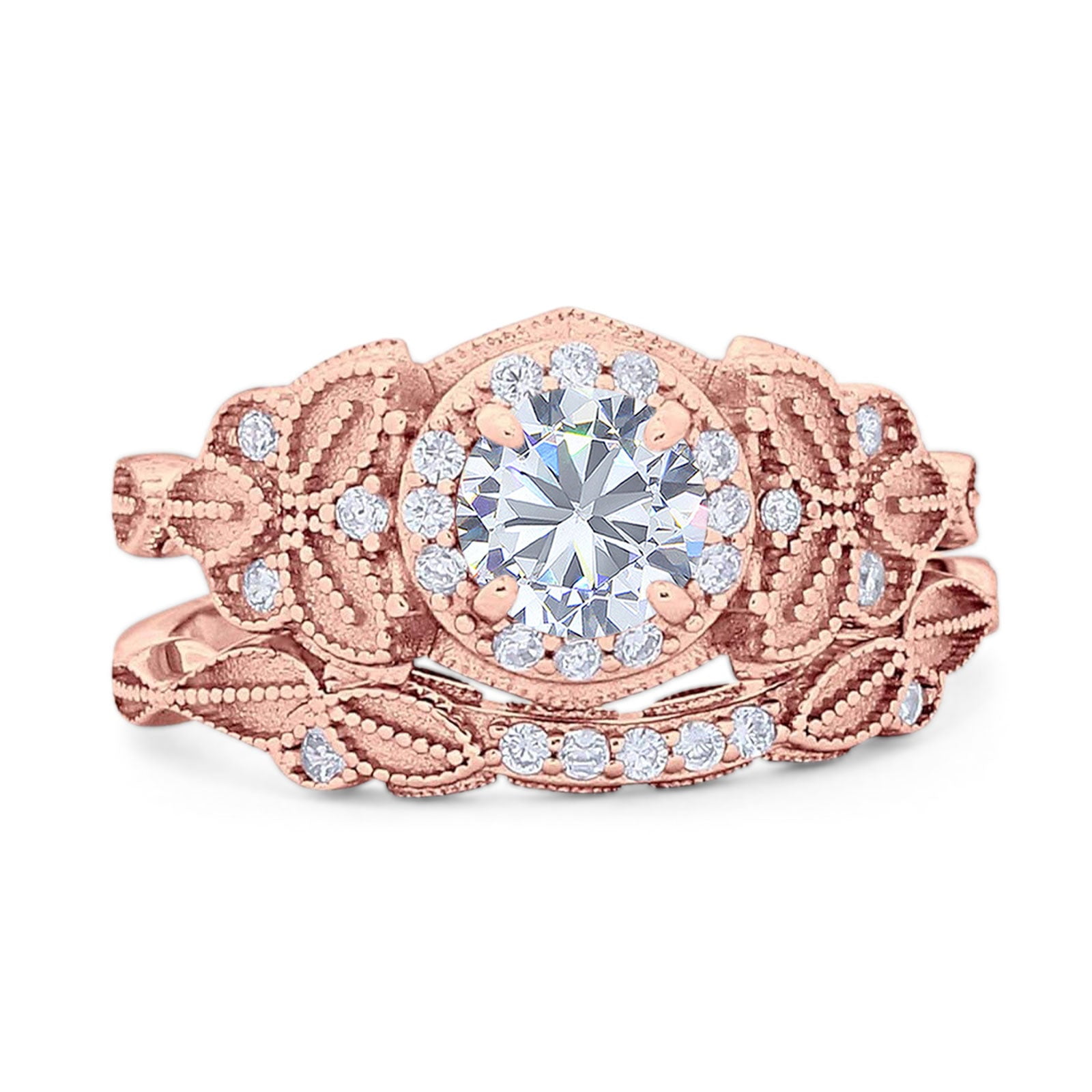 Moissanite Rose Tone Silver Size-10 Art Deco Two Piece Round Floral ...