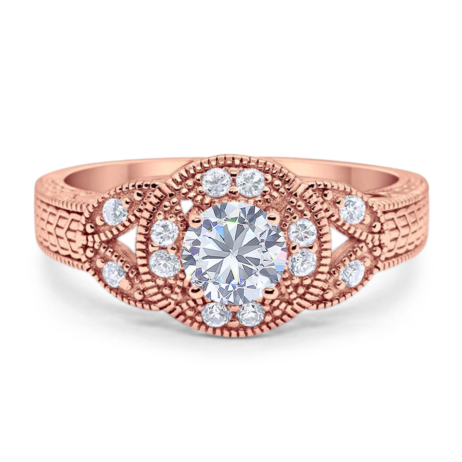 Moissanite Rose Tone Silver Size-6 Art Deco Round Leaf Style Split ...