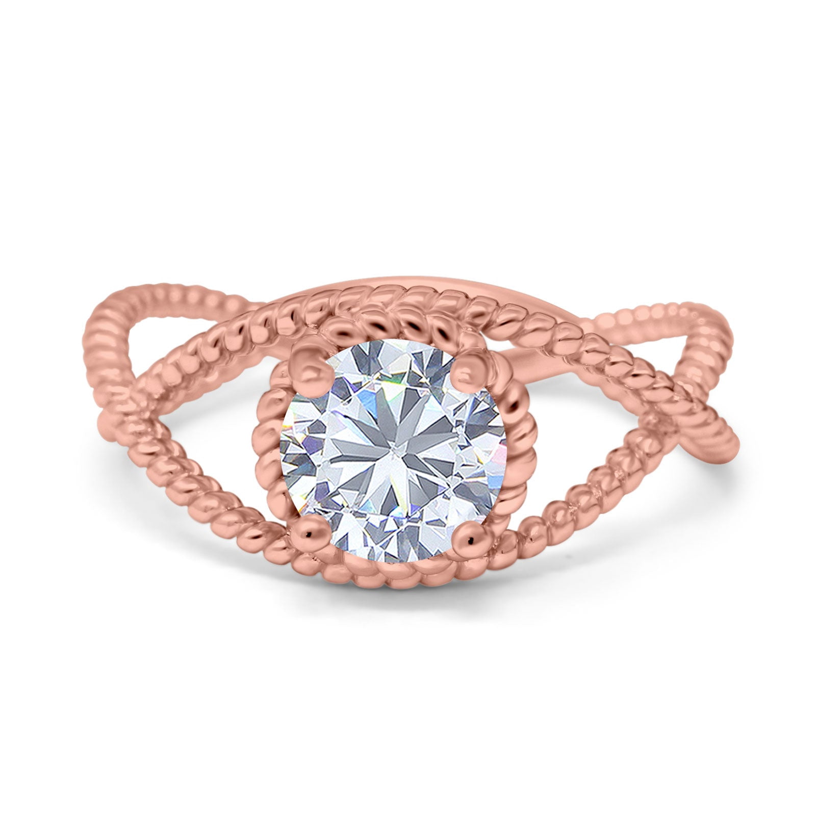 Moissanite Rose Tone Silver Size-6 Minimalist Round Solitaire Beaded ...