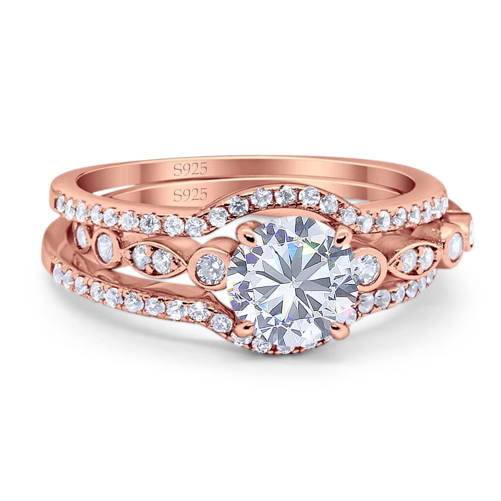 Moissanite Rose Tone Silver Size-7 Art Deco Three Piece Round Vintage ...