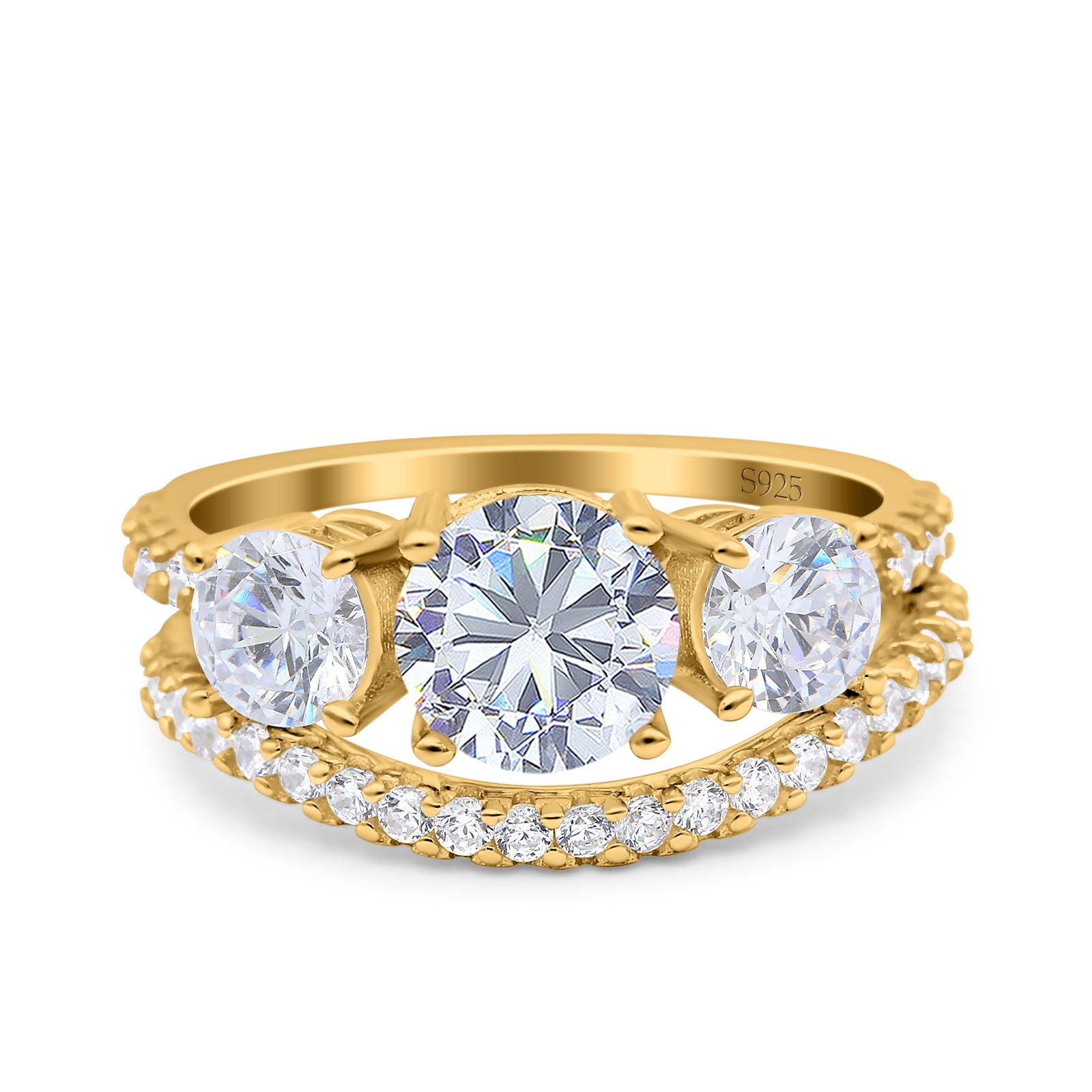 Moissanite Yellow Tone Silver Size-5 Two Piece Three Stone Round Trio ...