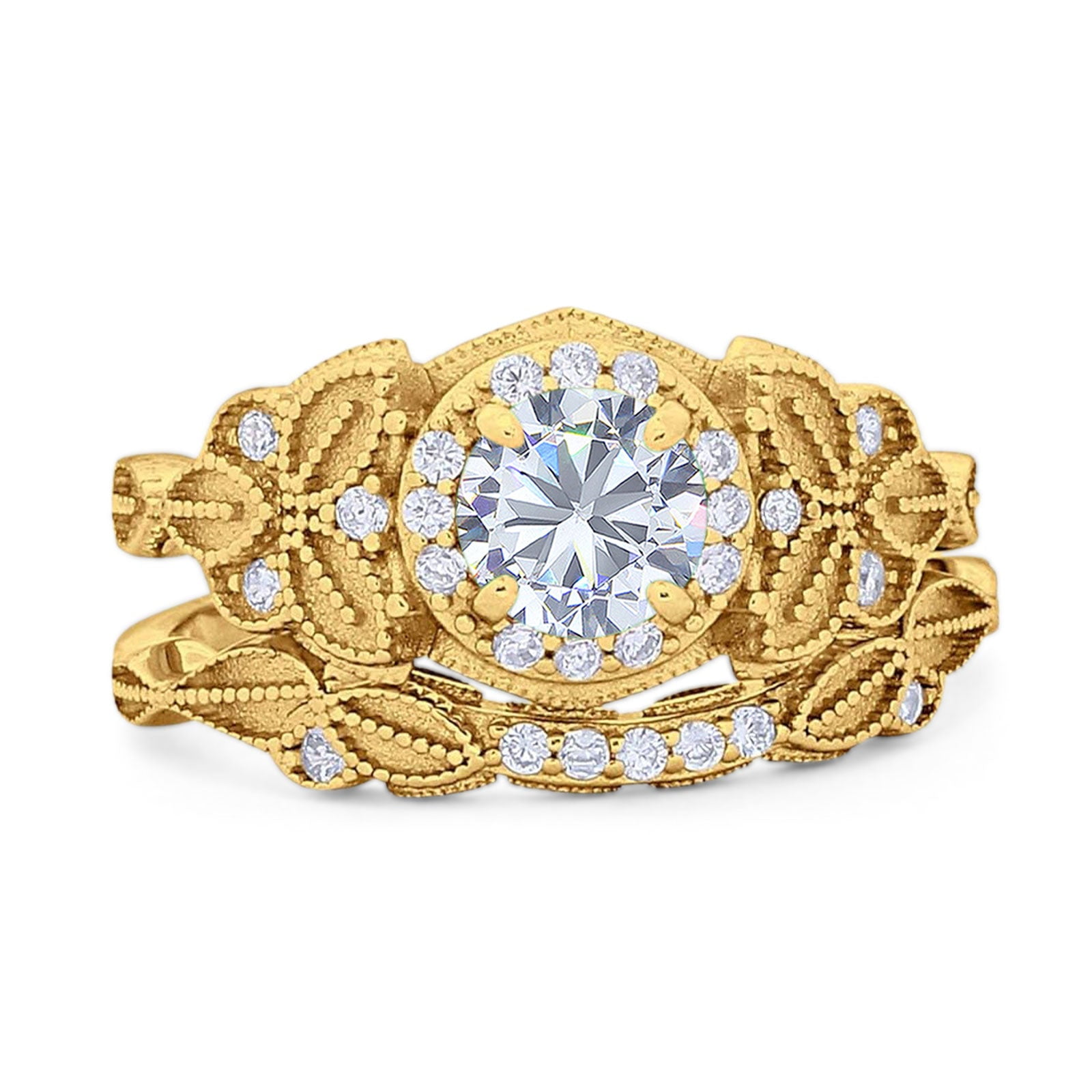 Moissanite Yellow Tone Silver Size-6 Art Deco Two Piece Round Floral ...