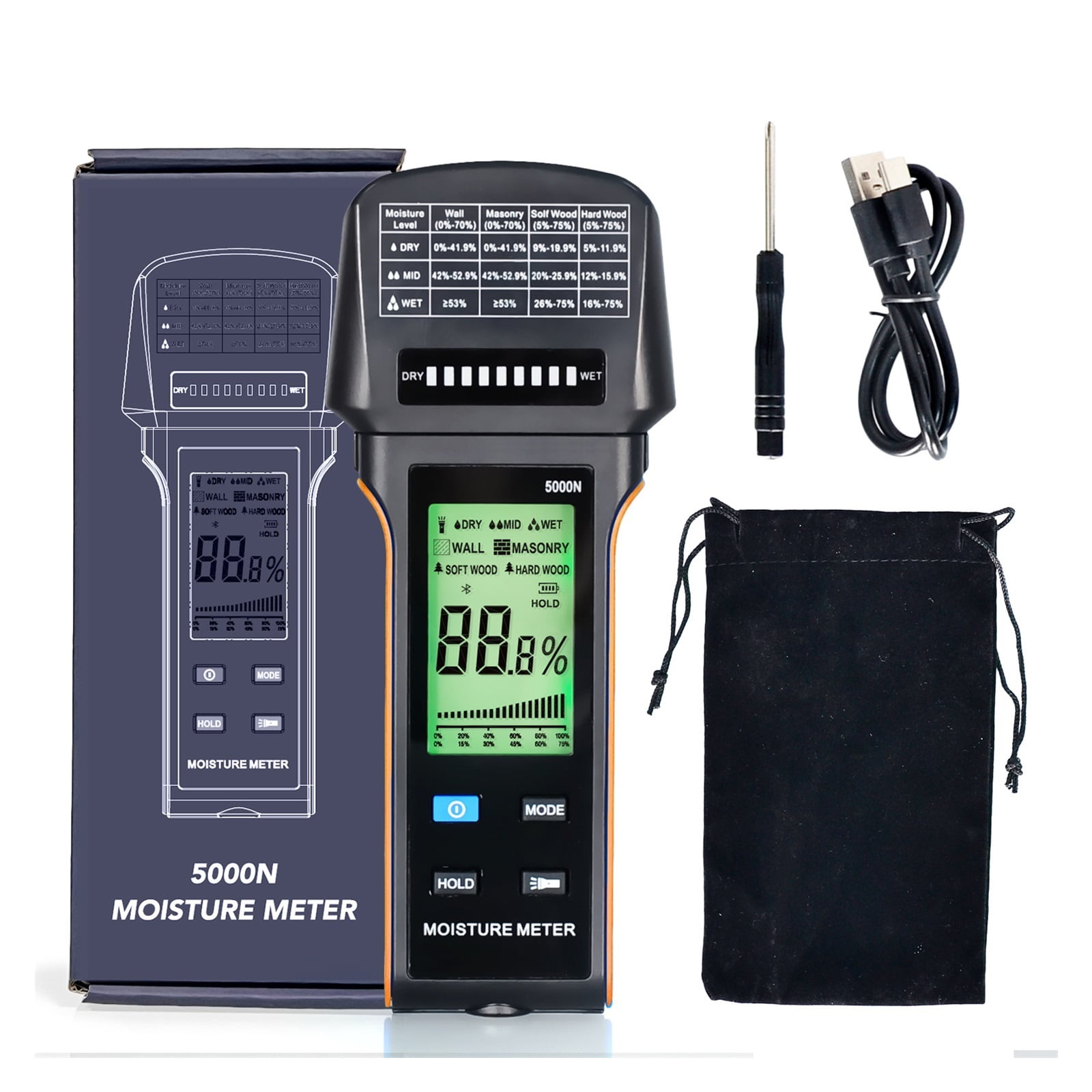 Moisture Meter with LED Status Indicators, 4 Material Modes (Wall ...