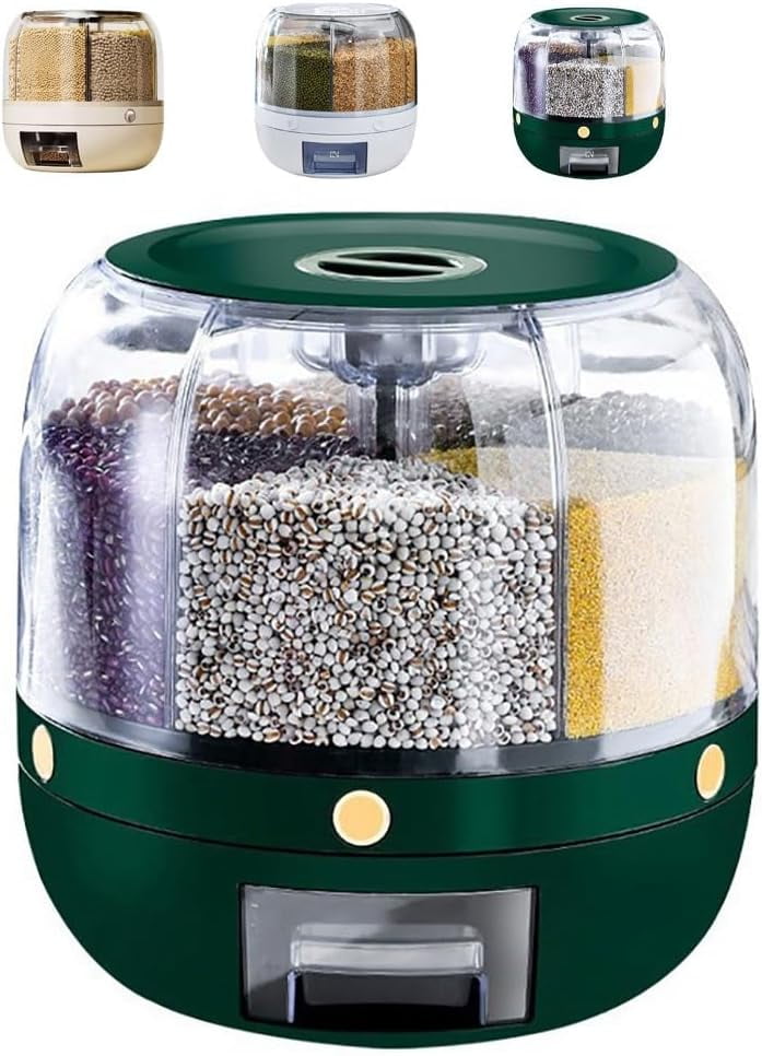 Moisture-Proof Grain Dispenser, 360° Rotating Grain Storage Bin, 6-Grid ...