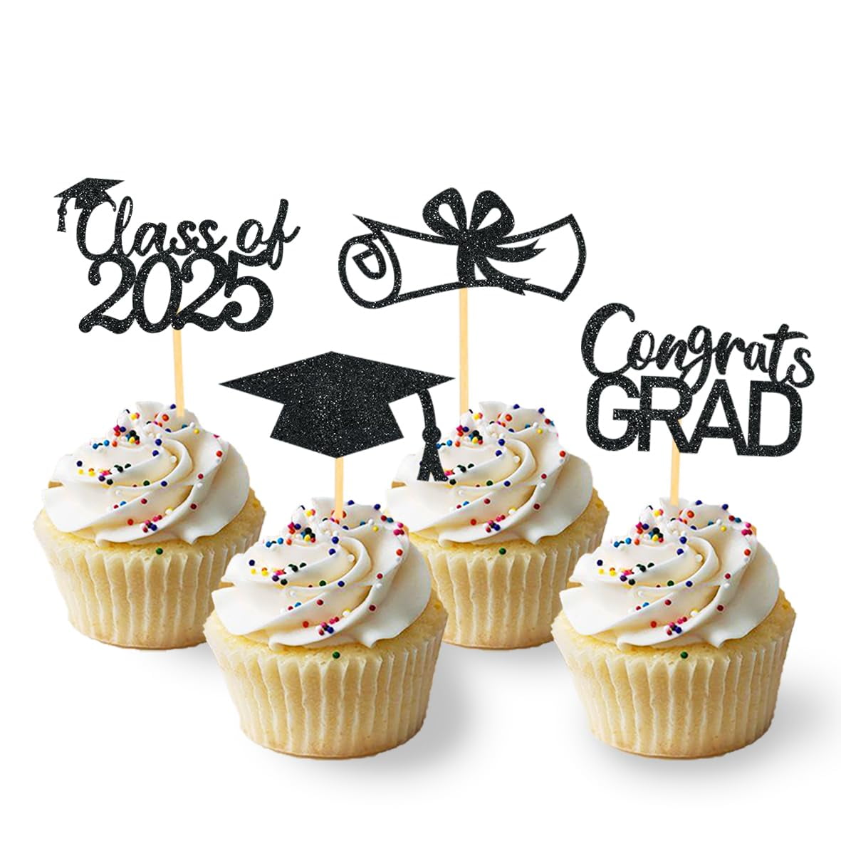 Moitkptt 24Pcs Black Graduation SSF20 Cupcake Toppers - Class of 2025 ...
