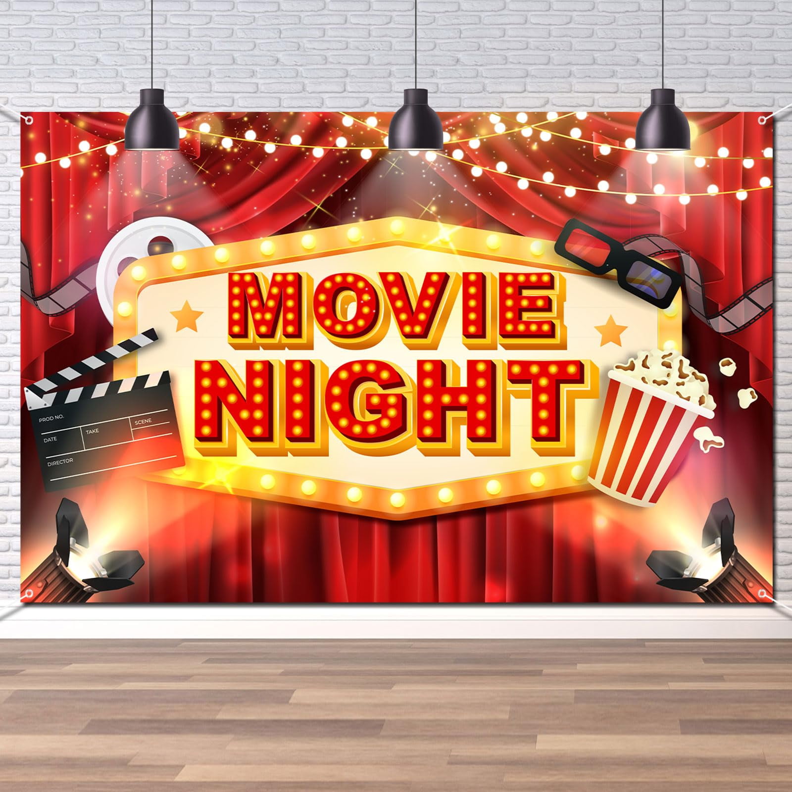 Moive Night Backdrop Happy Birthday Wall Banner, Red Movie Party Photo ...