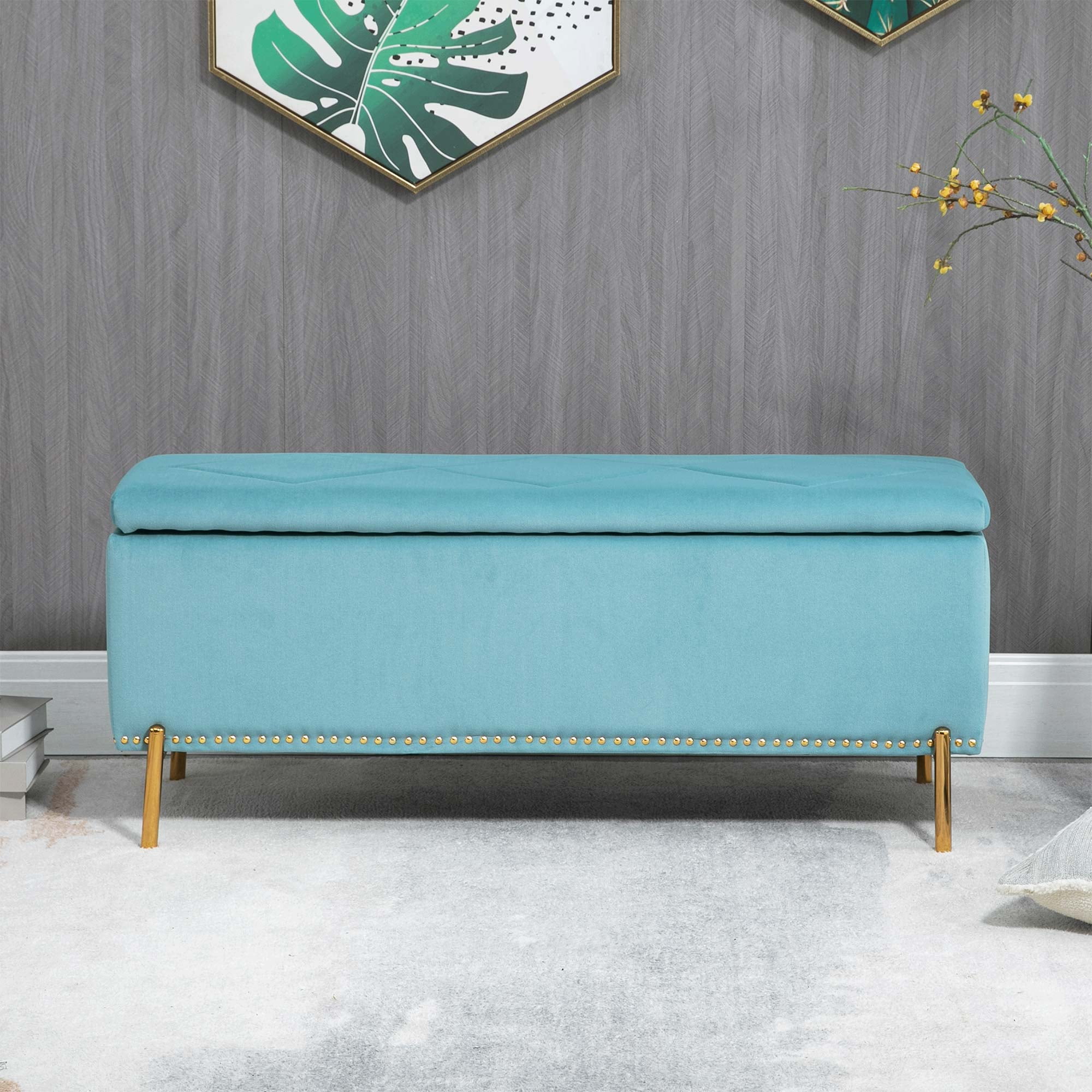 Mojay Bedroom Modern Velvet Upholstered Storage Bench with Diamond ...