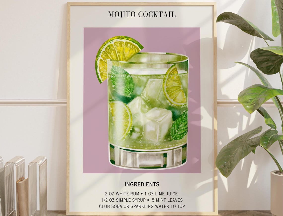 Mojito Cocktail Art Bar Cart Decor Cocktail Poster Party Signature ...
