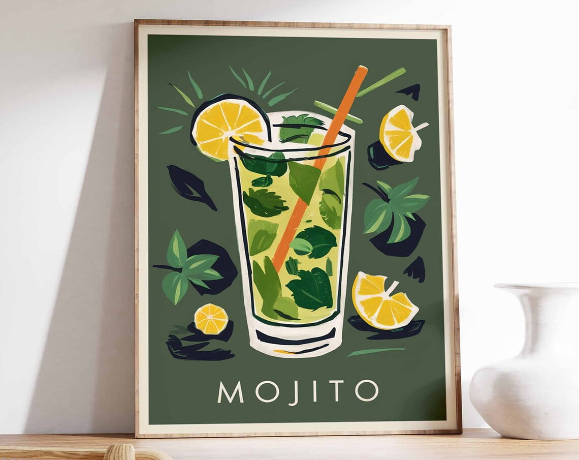 Mojito Cocktail Poster, Cocktail Art Print, Cocktail Bar Art, Kitchen Decor, Kitchen Poster ...