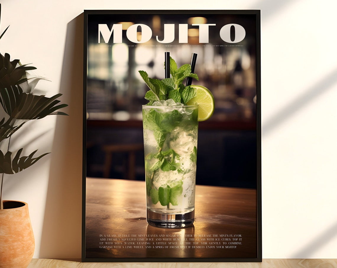 Mojito Cocktail Poster - Retro Bar Poster - Bar Cart Decor - Wall Art ...