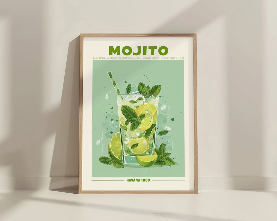 Mojito Cocktail Print. Classic Alcohol Cocktail. Retro Cocktail ...